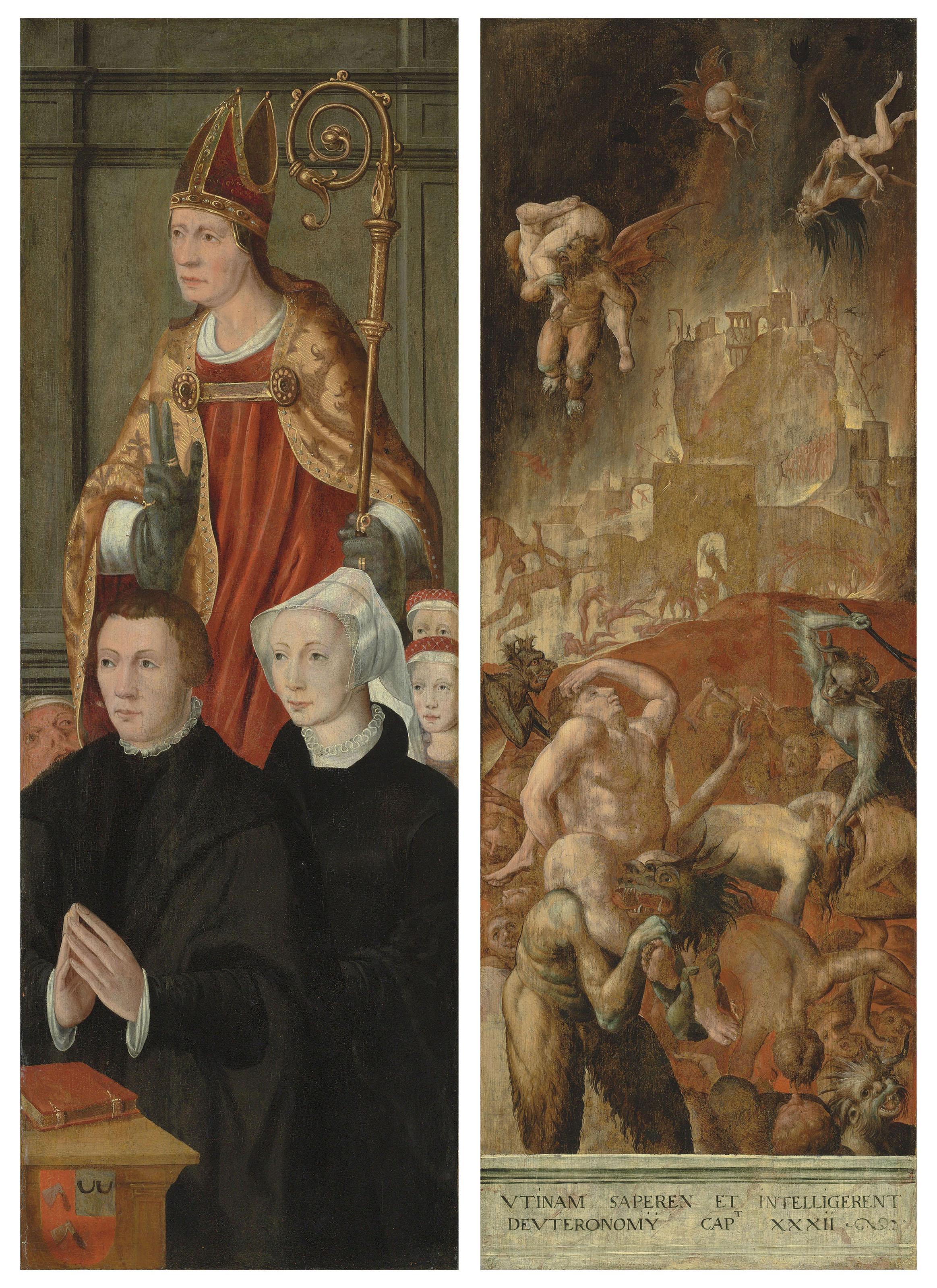 A bishop saint with a donor couple, recto; and Souls in hell, verso ...