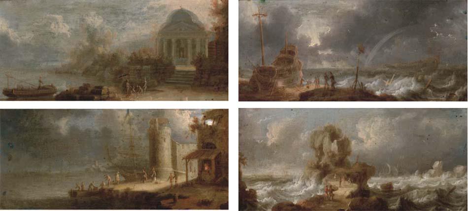 A coastal inlet with fishermen; A shipwreck and other shipping in ...