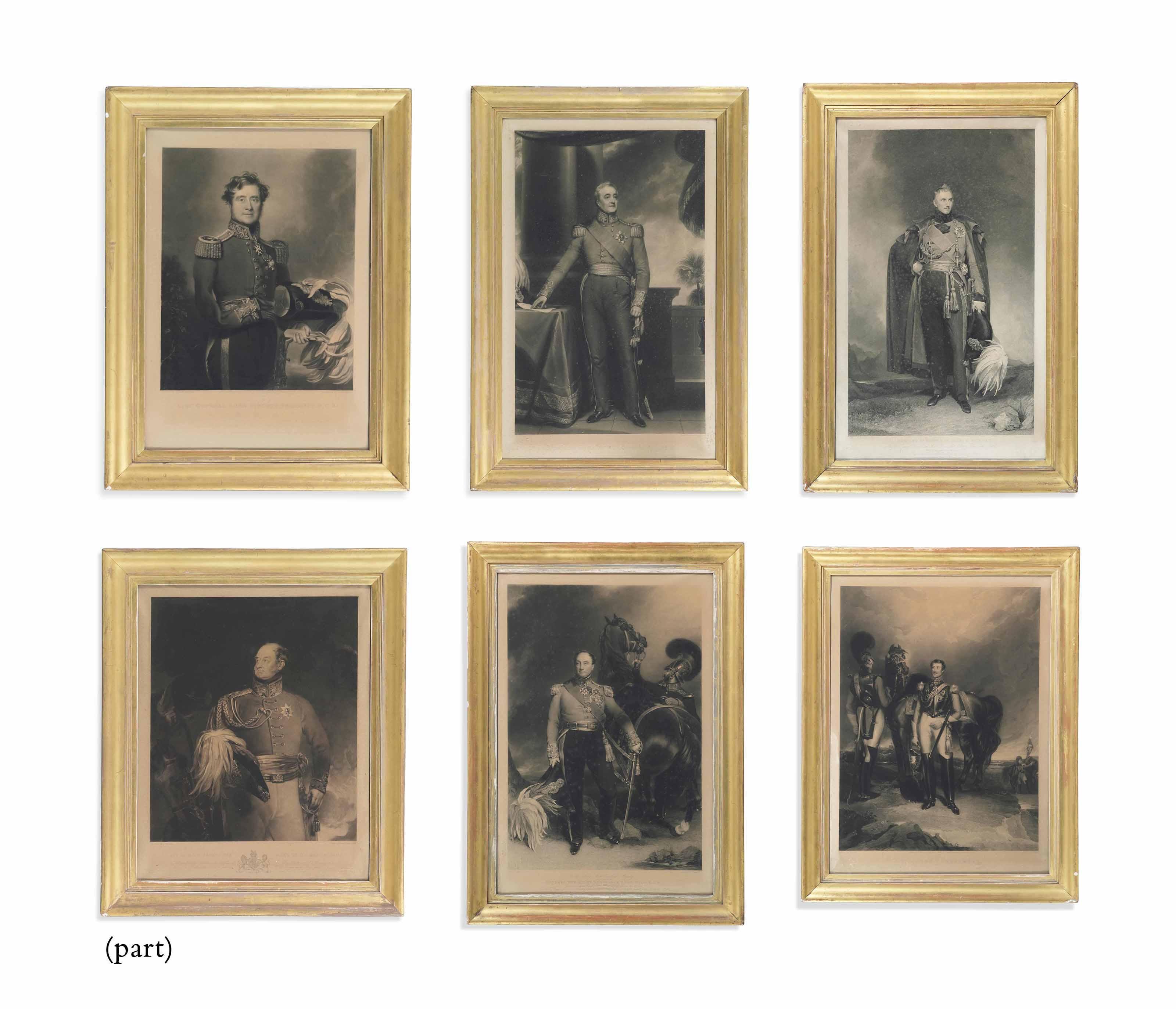 A collection of nine mezzotints and one lithograph of portraits of ...