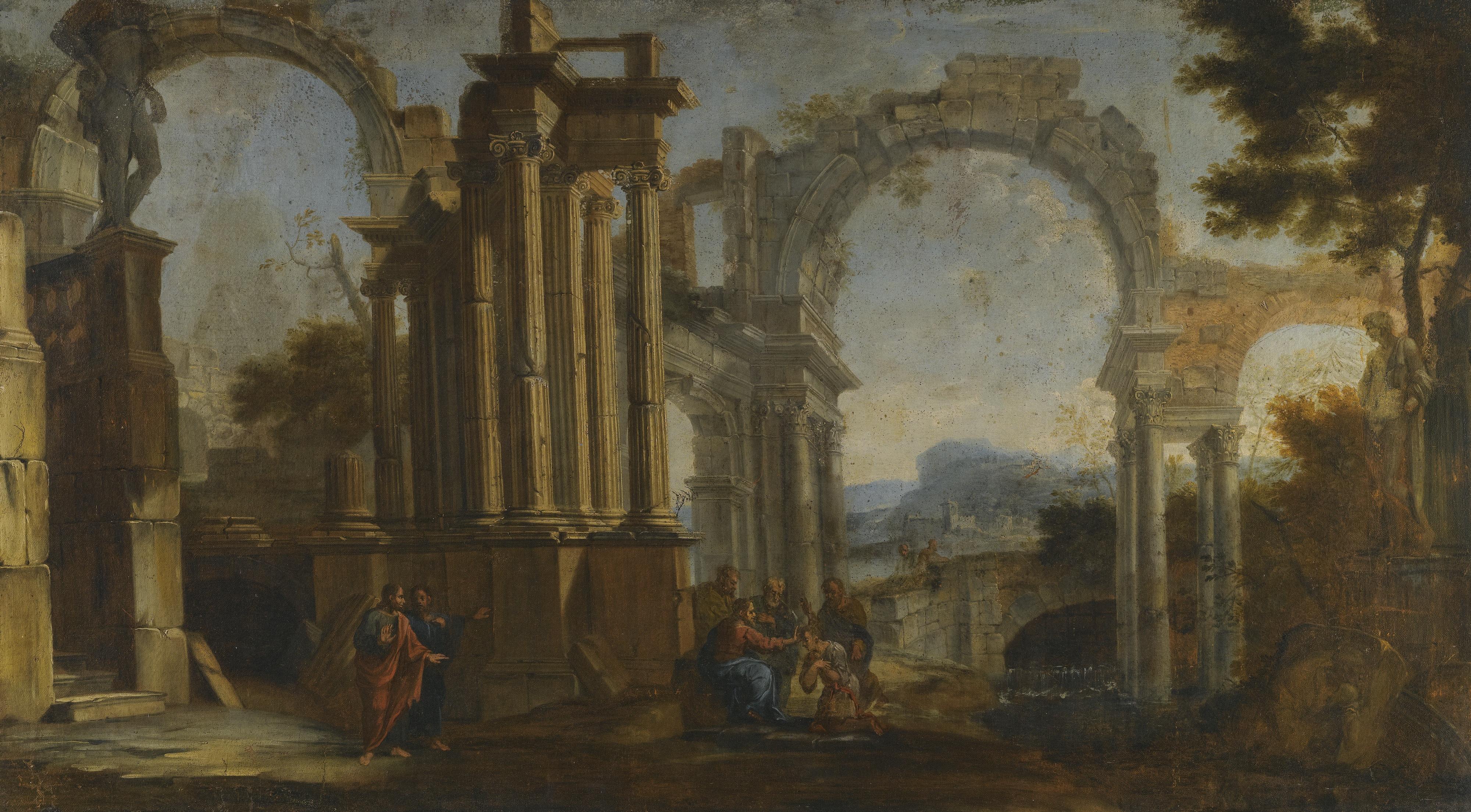 A Fluvial Architectural Capriccio With Christ On The Road To Emmaus; A ...
