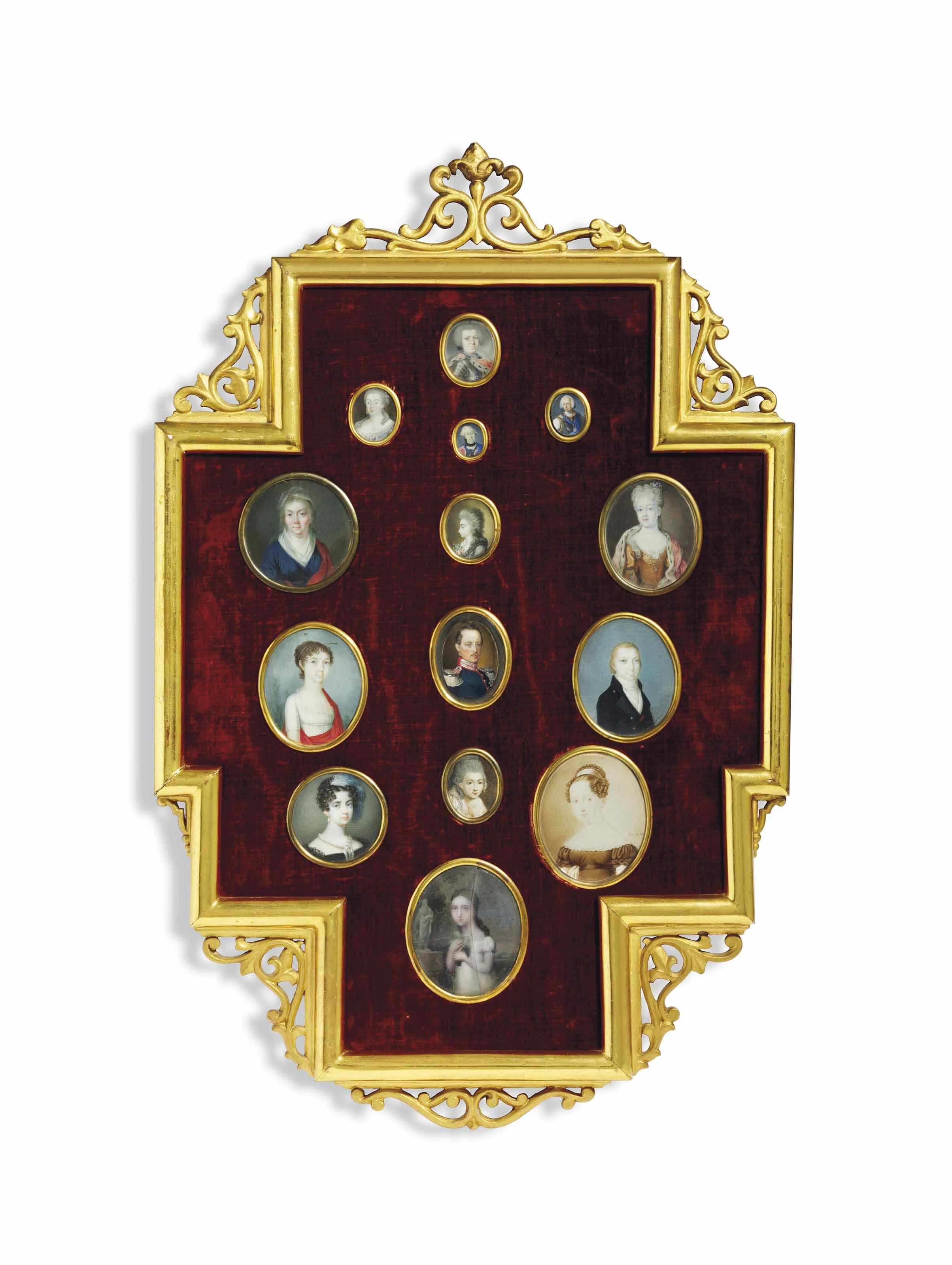 A Frame Containing Fourteen Portrait Miniatures Depicting Members Of ...