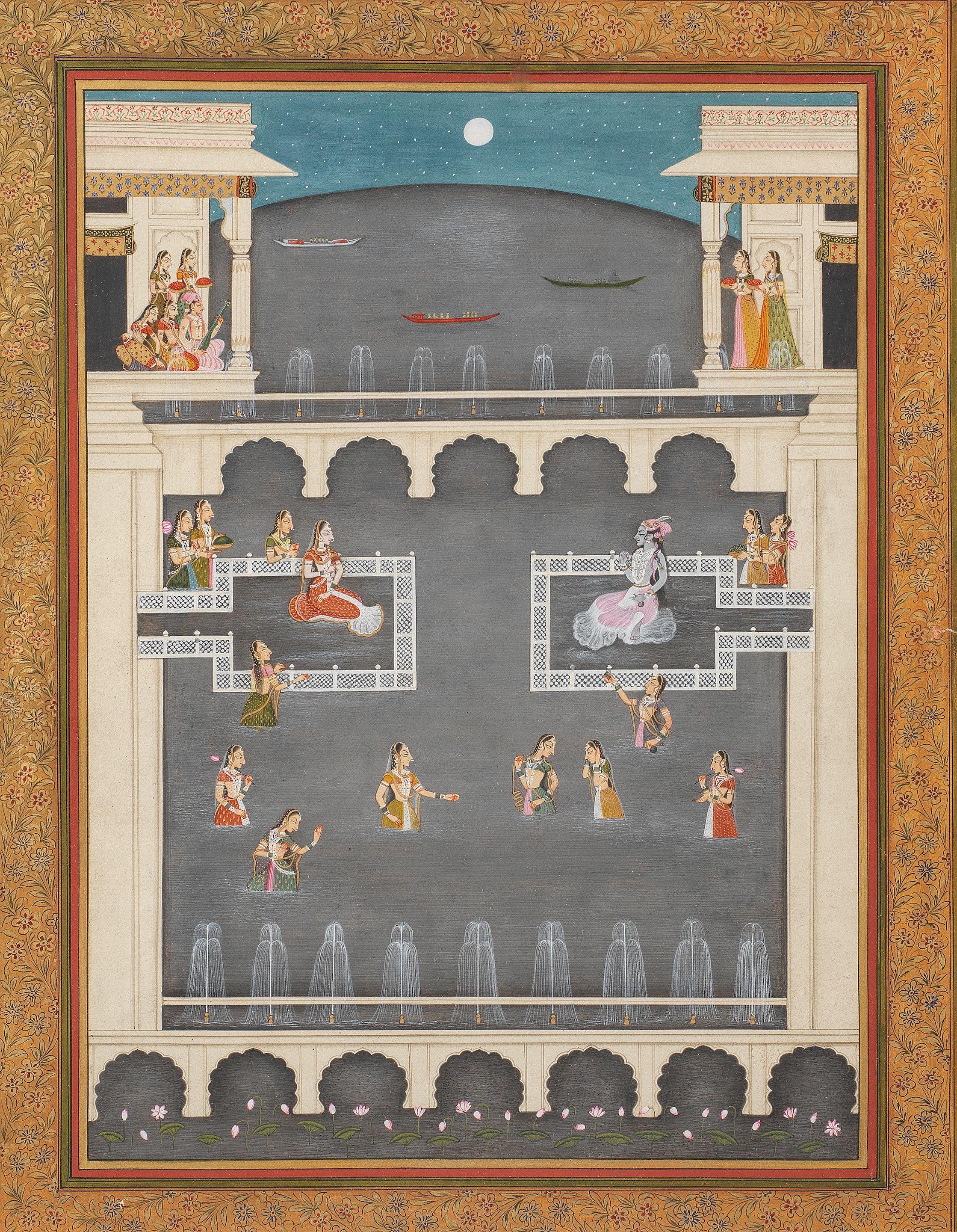 A large painting depicting Radha and Krishna seated in discourse in an ...