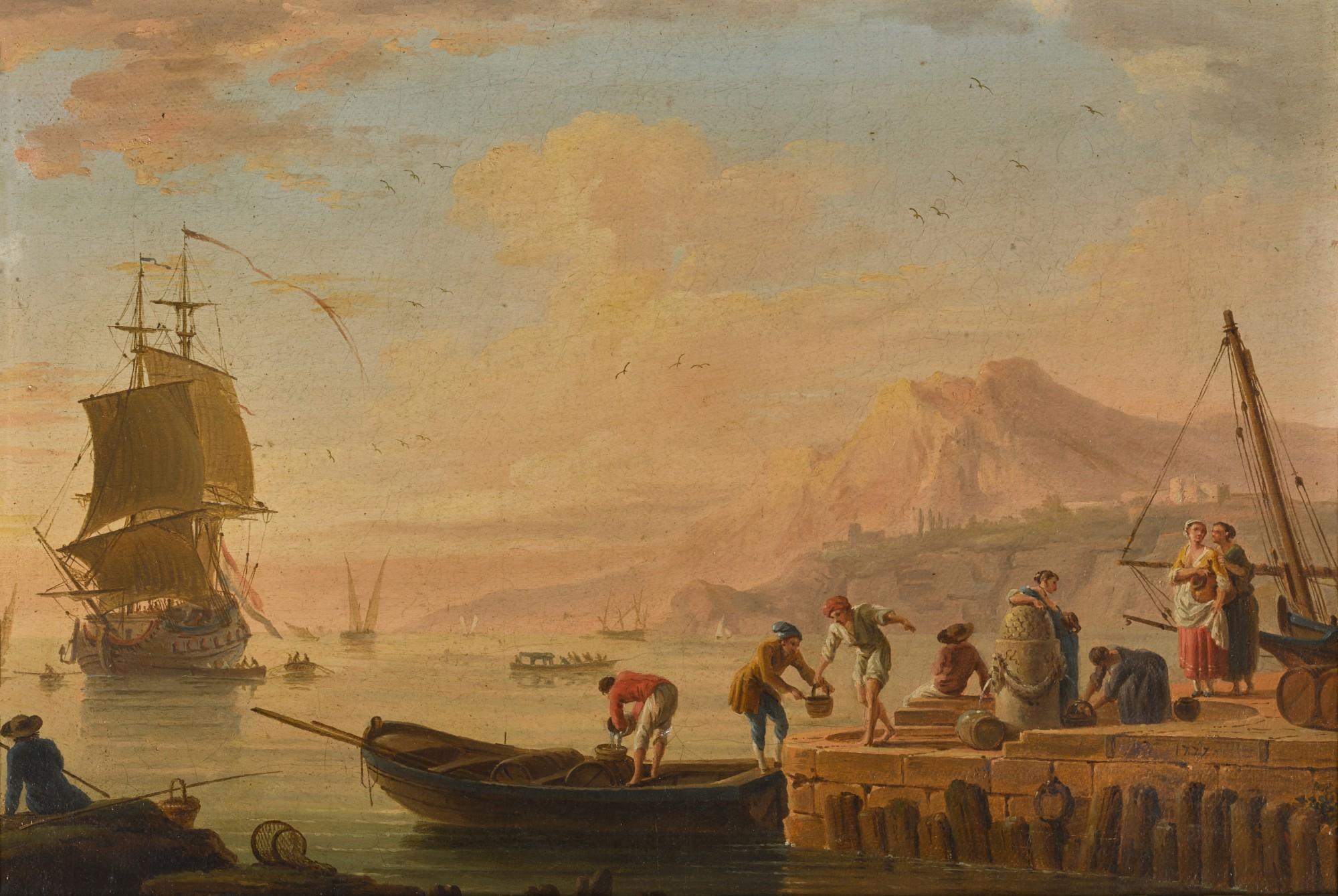 A Mediterranean Harbour Scene With Fishermen Unloading Their Boats ...