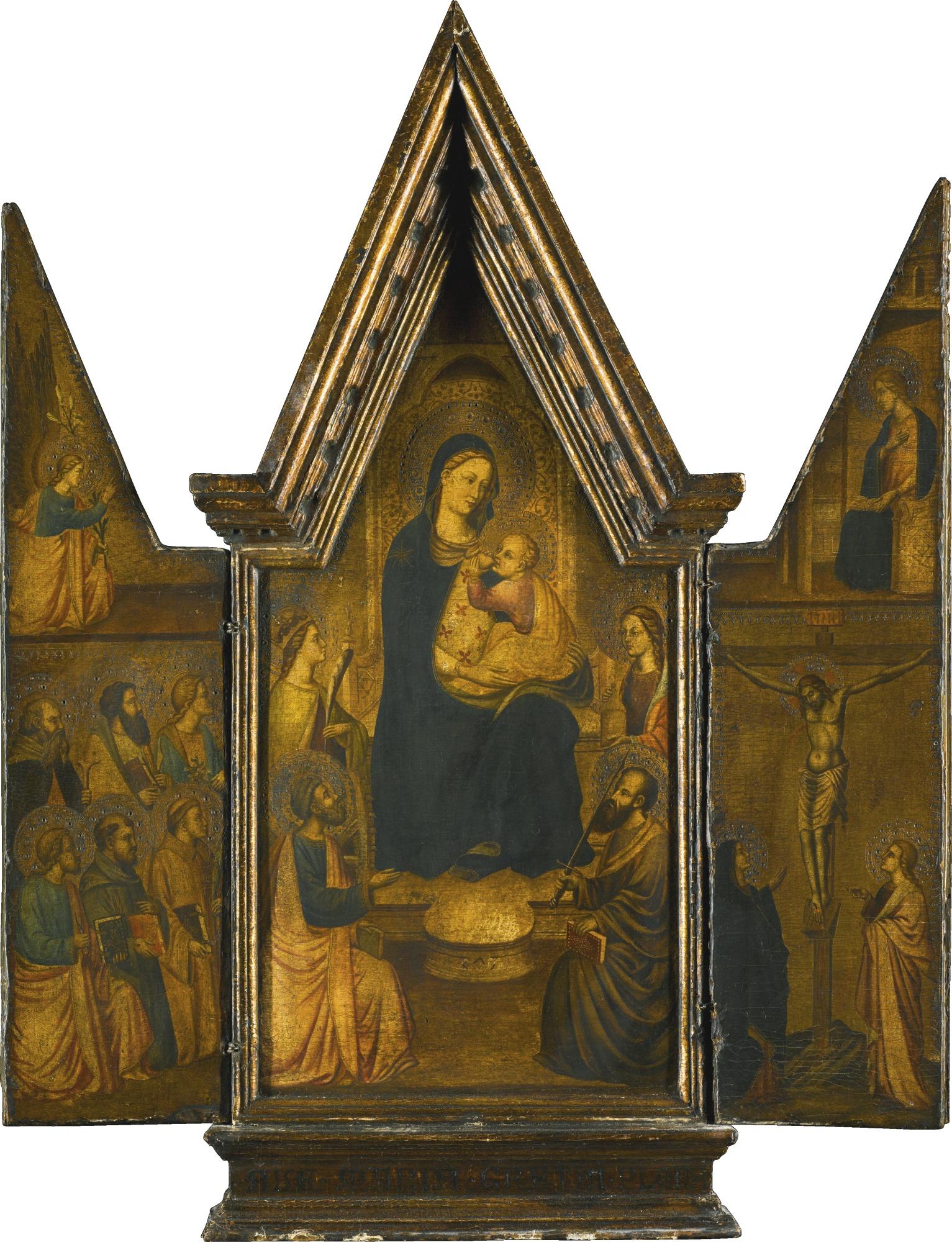A Portable Triptych Showing The Madonna And Child Enthroned With Saints, With The Annunciation ...