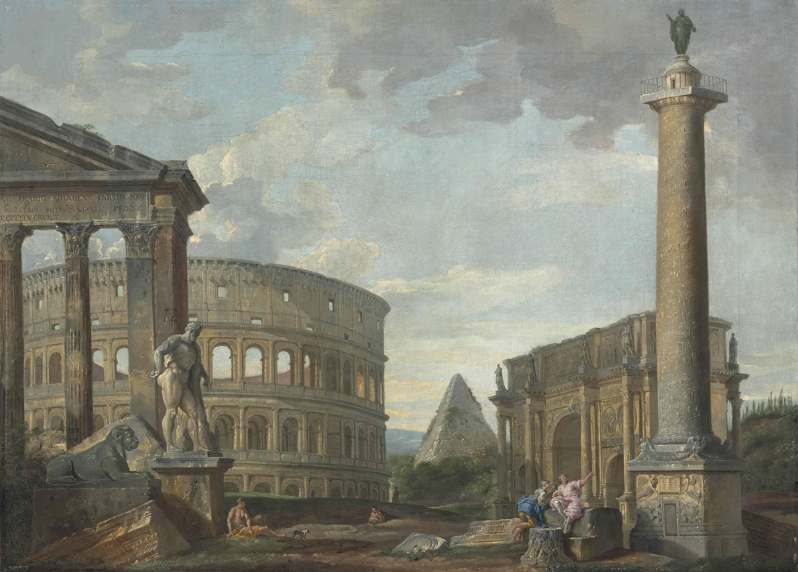 A Roman capriccio with the Colosseum, Trajan's column, the Farnese Hercules, the Pyramid of ...