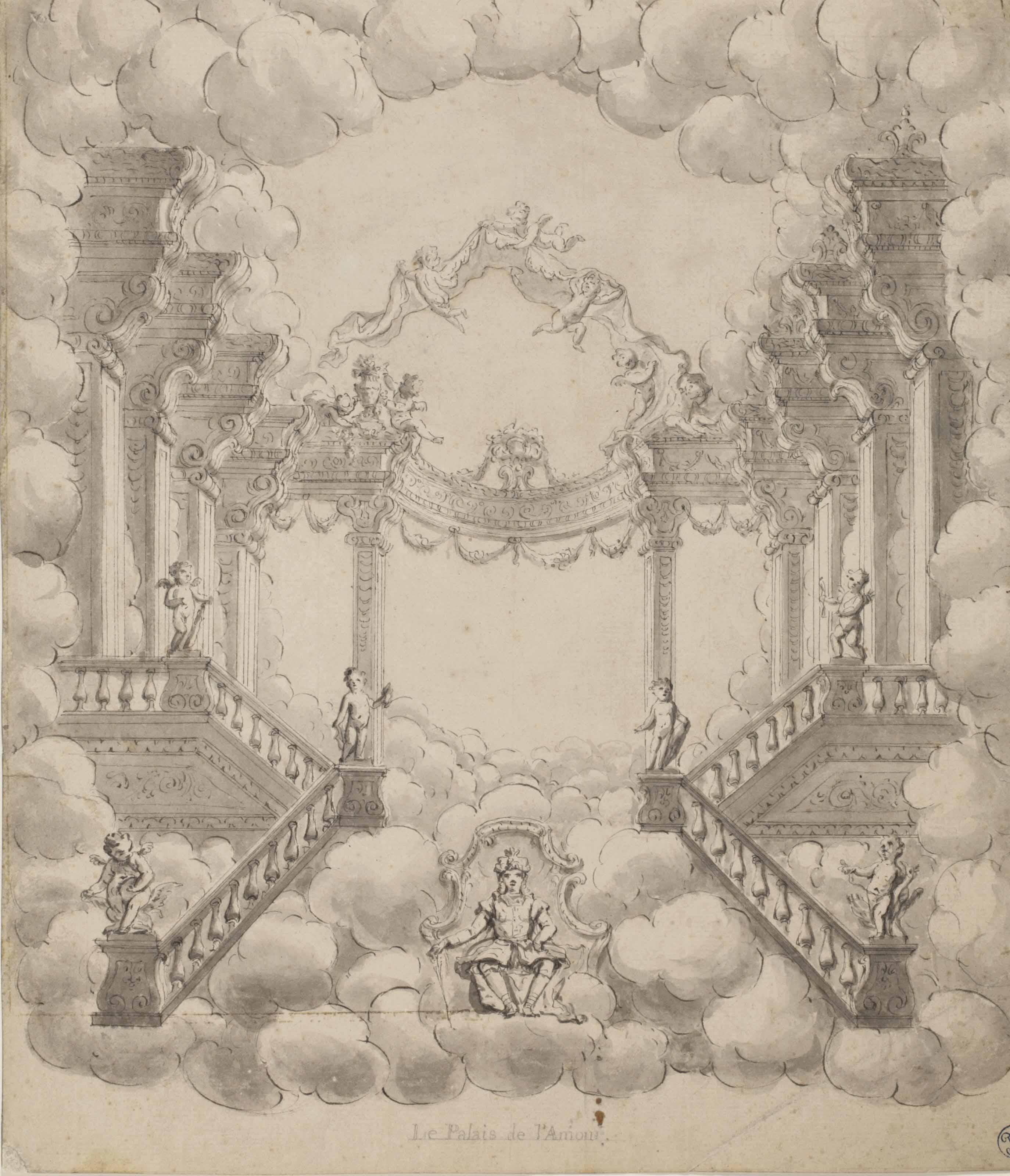A stage design: a young king seated on a throne set on clouds with a ...
