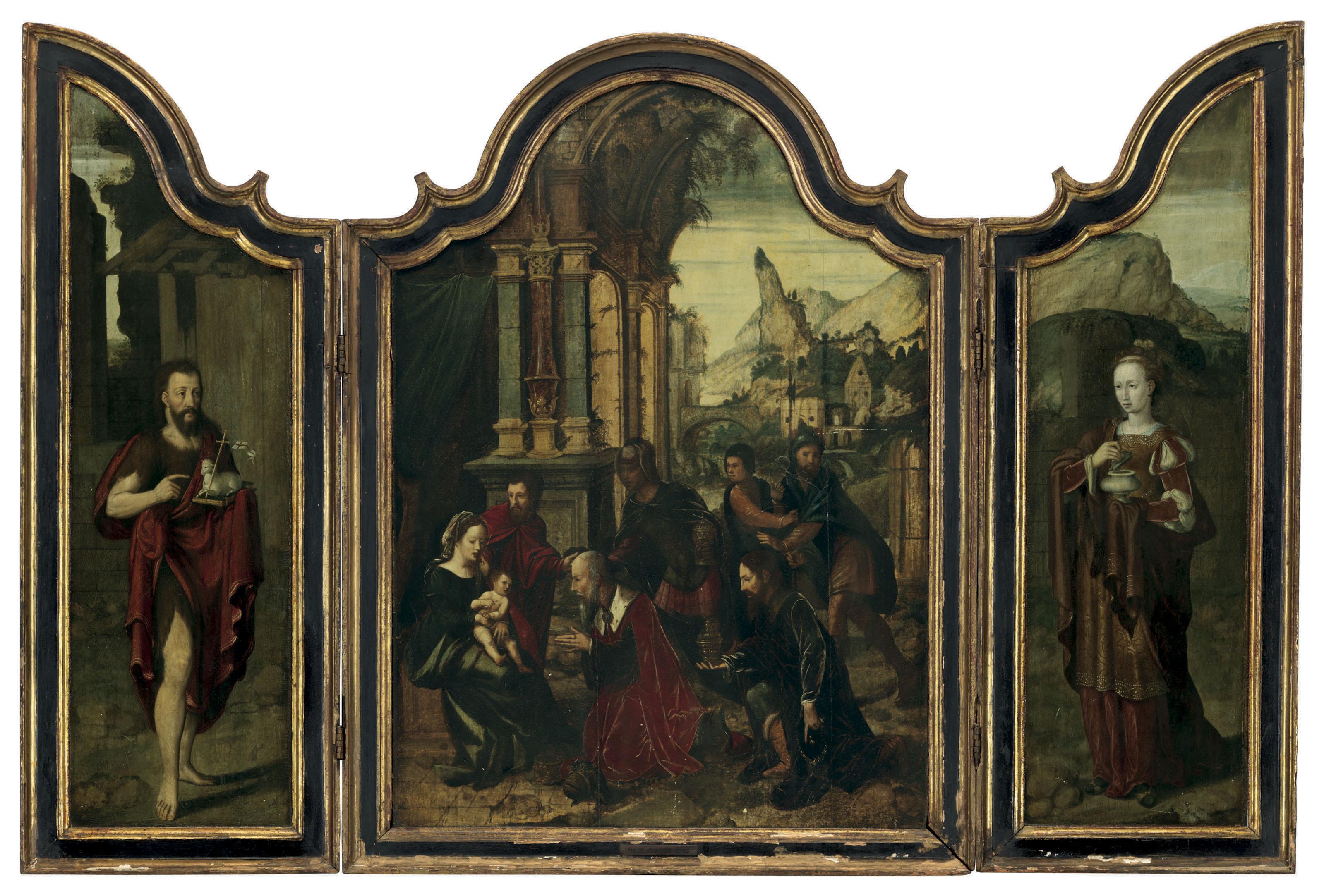 A Triptych: Central Panel: The Adoration Of The Magi; The Wings: Saint John The Baptist And Mary ...