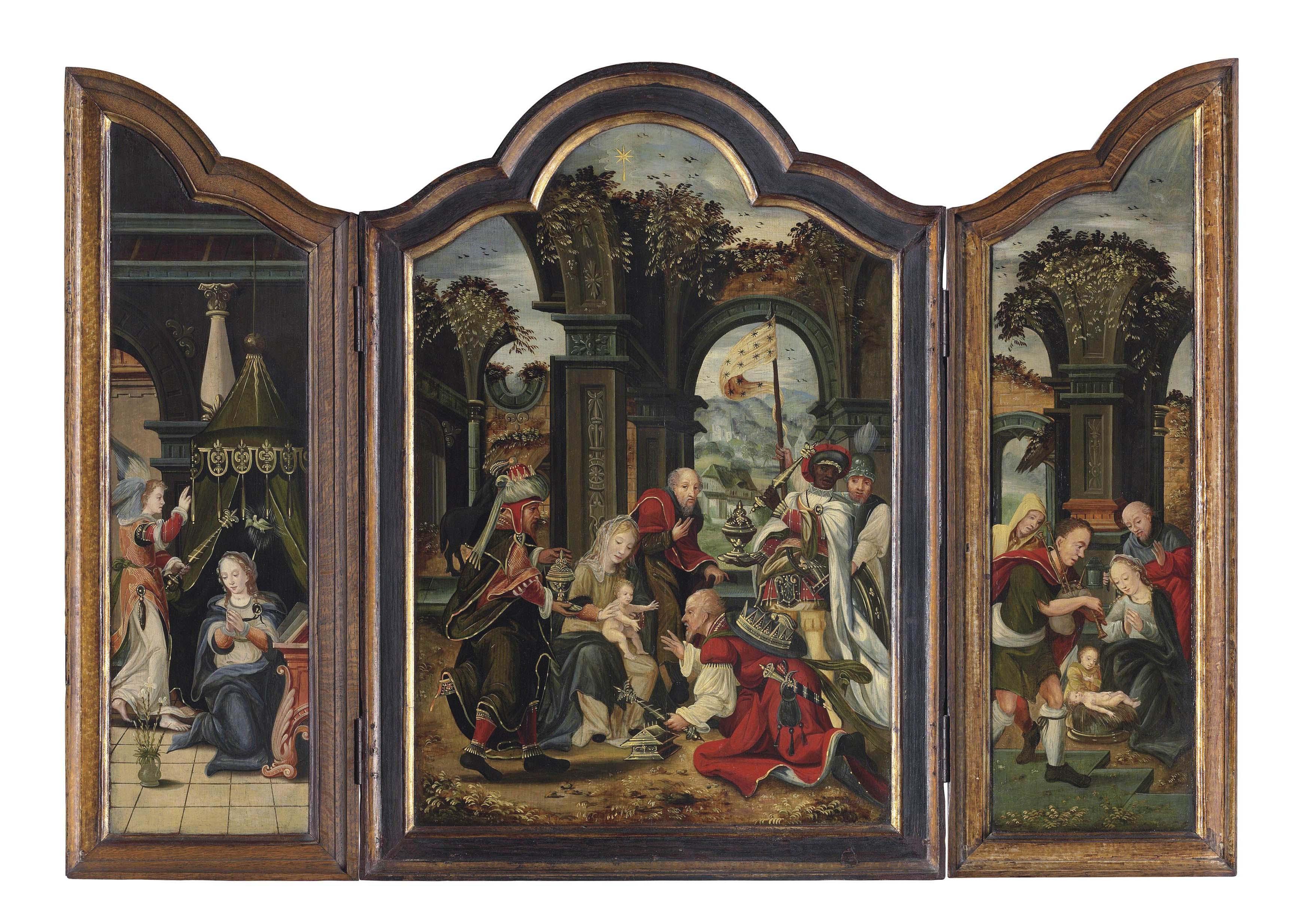 A triptych: central panel: The Adoration of the Magi; the wings: The Annunciation; and The ...