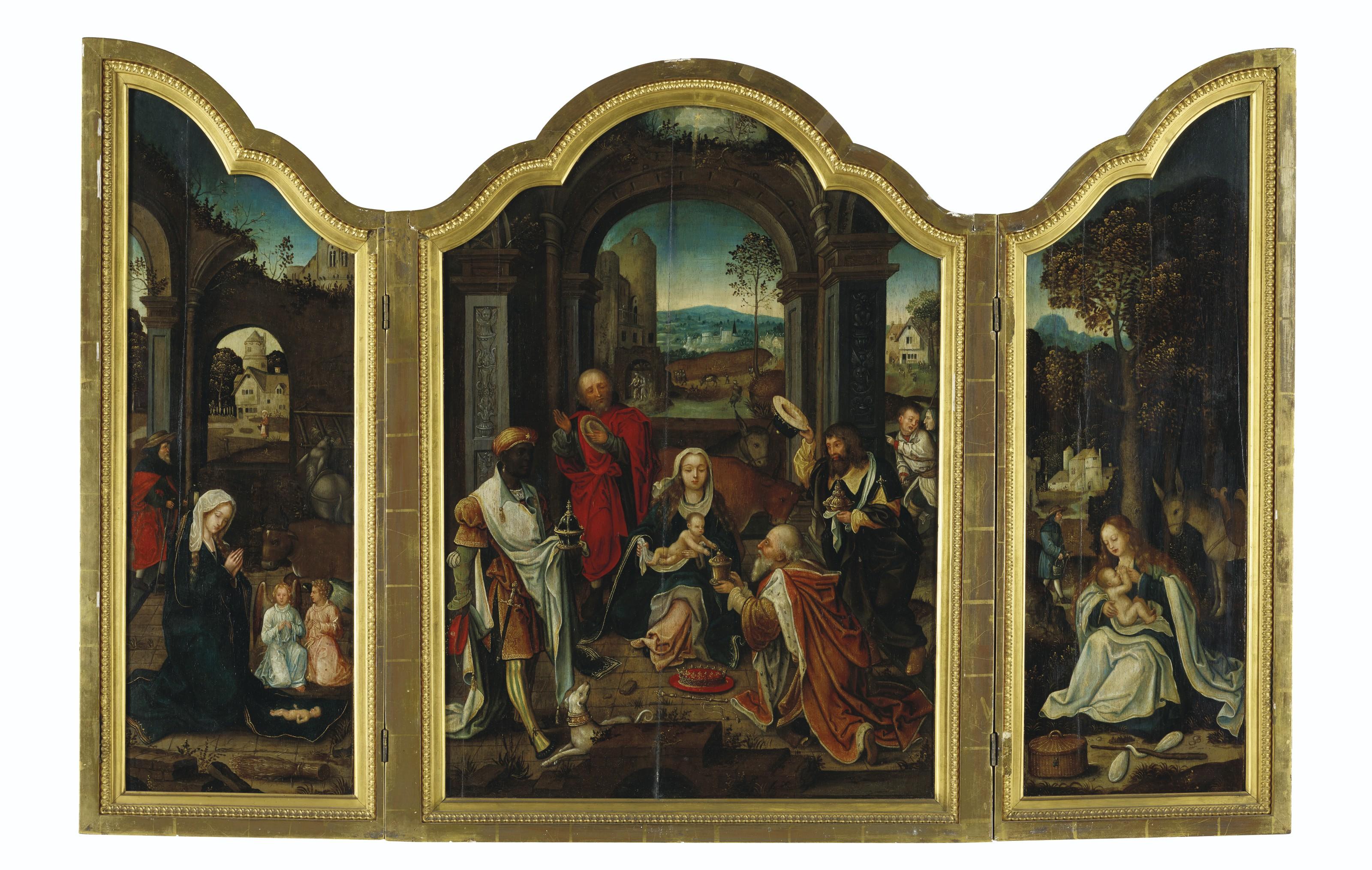 A triptych: the central panel: The Adoration of the Magi; the left wing: The Nativity; the right ...
