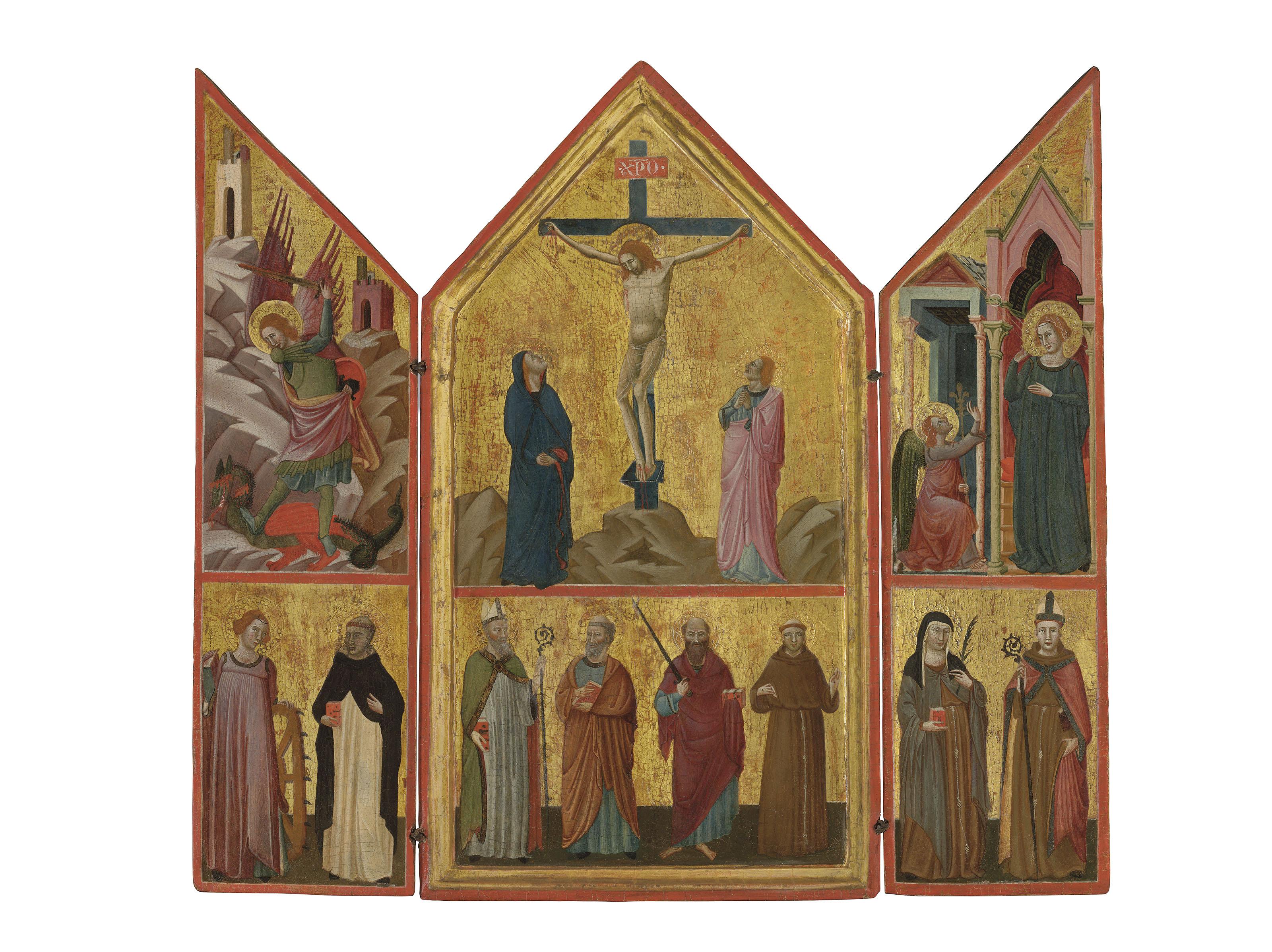 A triptych: the central panel: the Crucifixion above, with Saints Augustine, Peter, Paul and ...