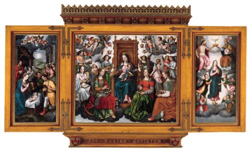 A Triptych : The Madonna and Child enthroned with Saint Catherine, Saint Agnes, Saint Cecilia ...