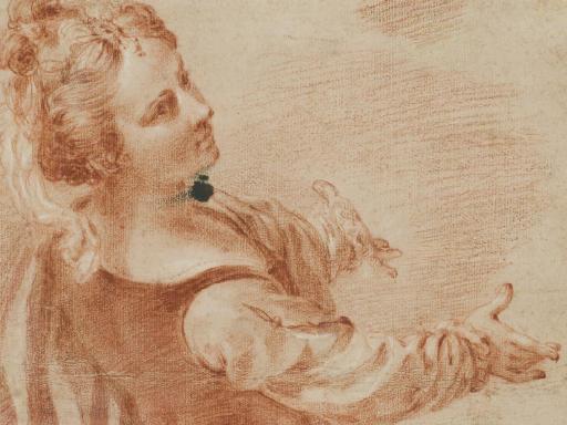 A young woman leaning back, facing right with her arms outstretched ...