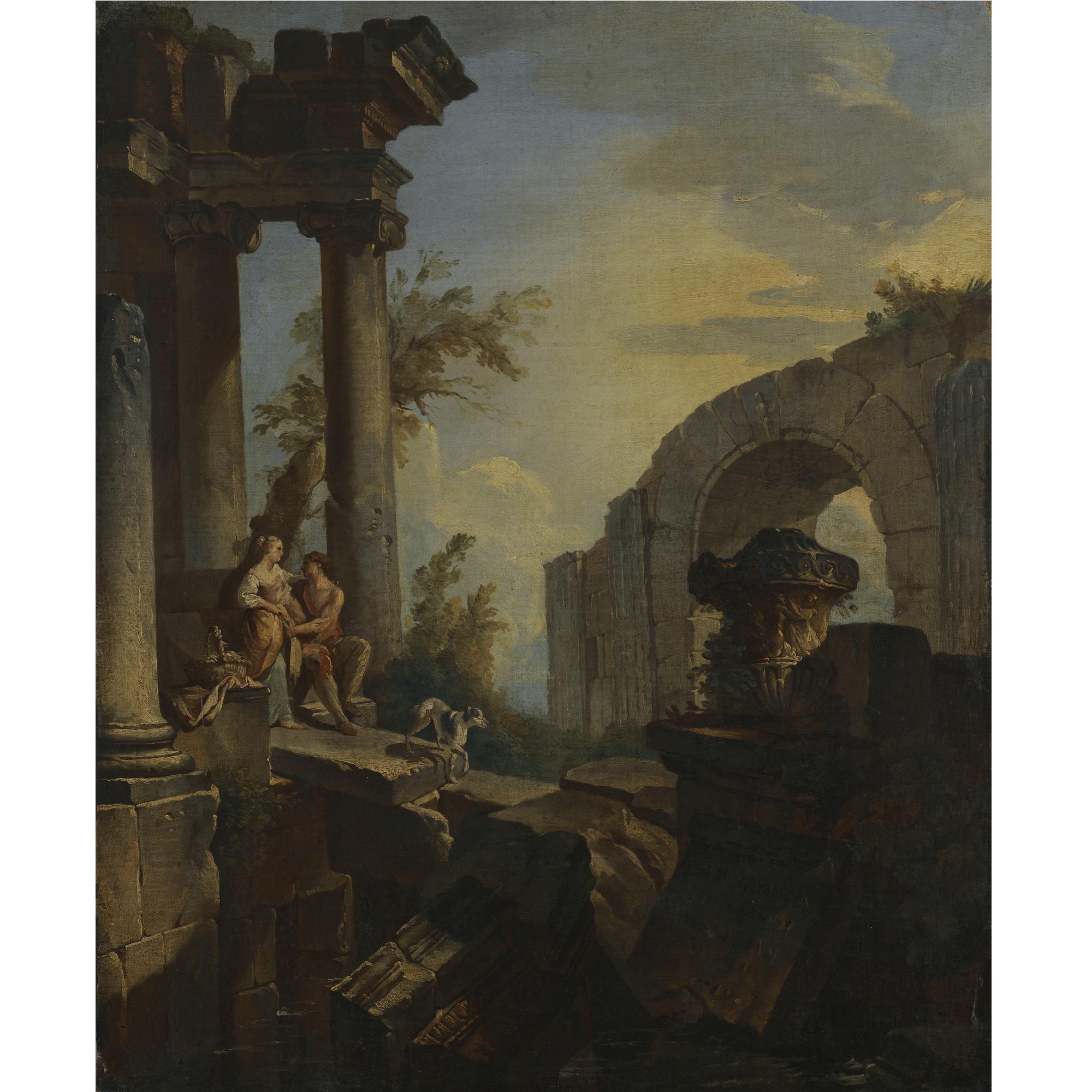 An Architectural Capriccio With A Couple Seated And A Dog Beneath Ruined Columns; An ...