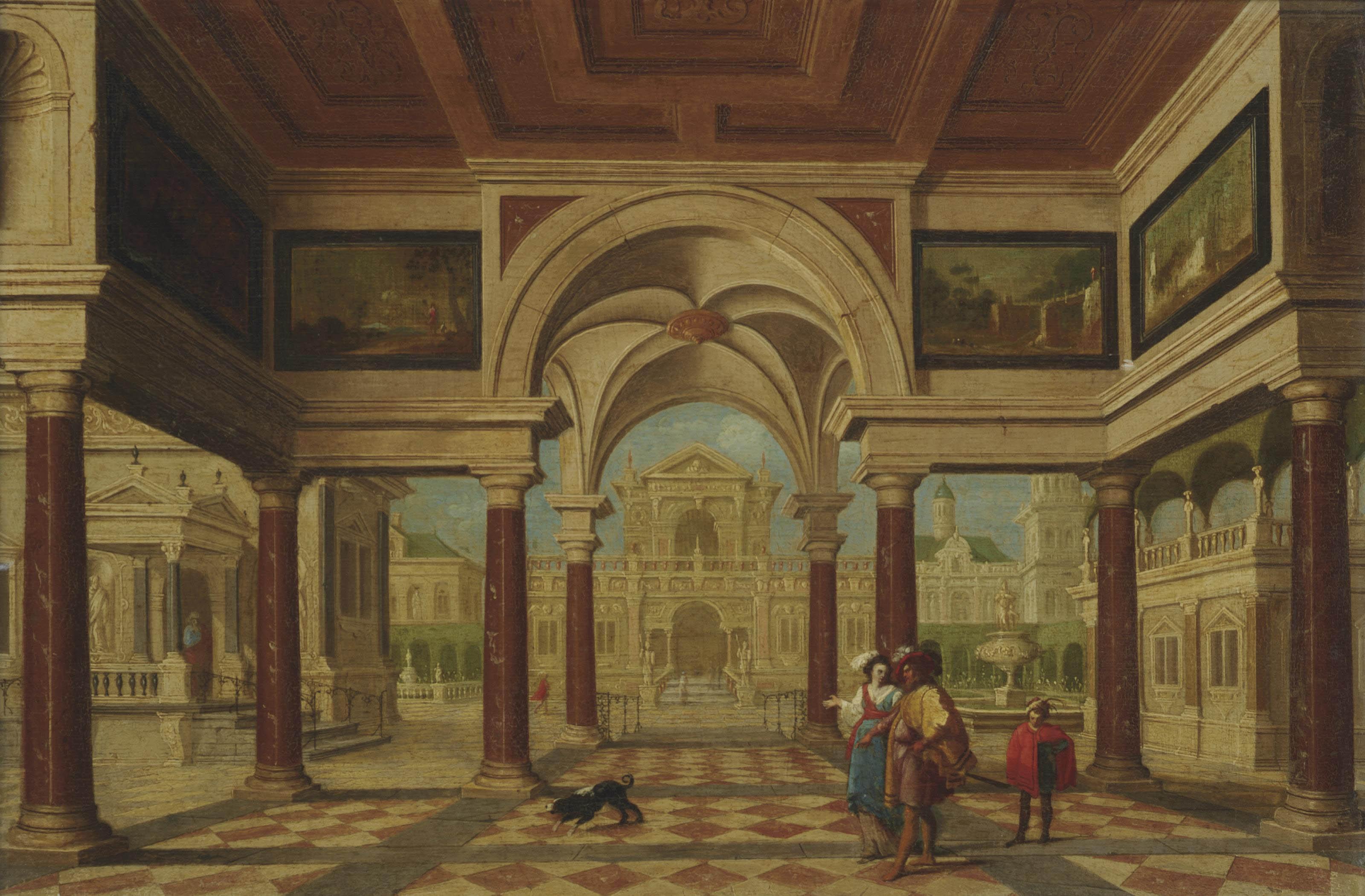 An architectural capriccio with an elegant couple before a courtyard ...