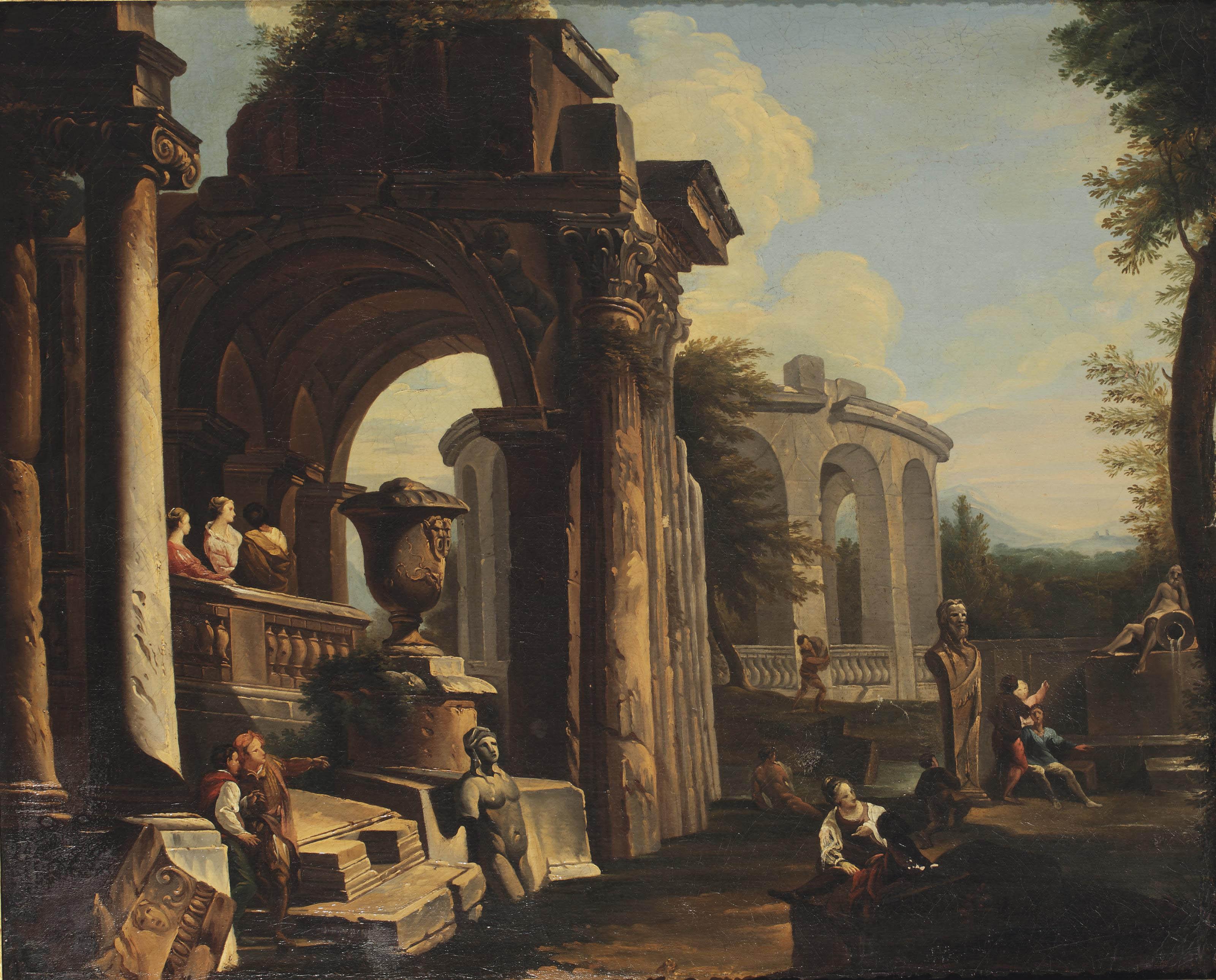 An architectural 'capriccio' with figures amongst classical ruins | Art ...