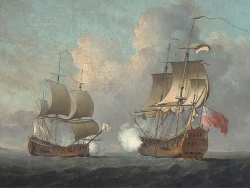 An English man-o'war opening fire on a Spanish armed ship flying ...