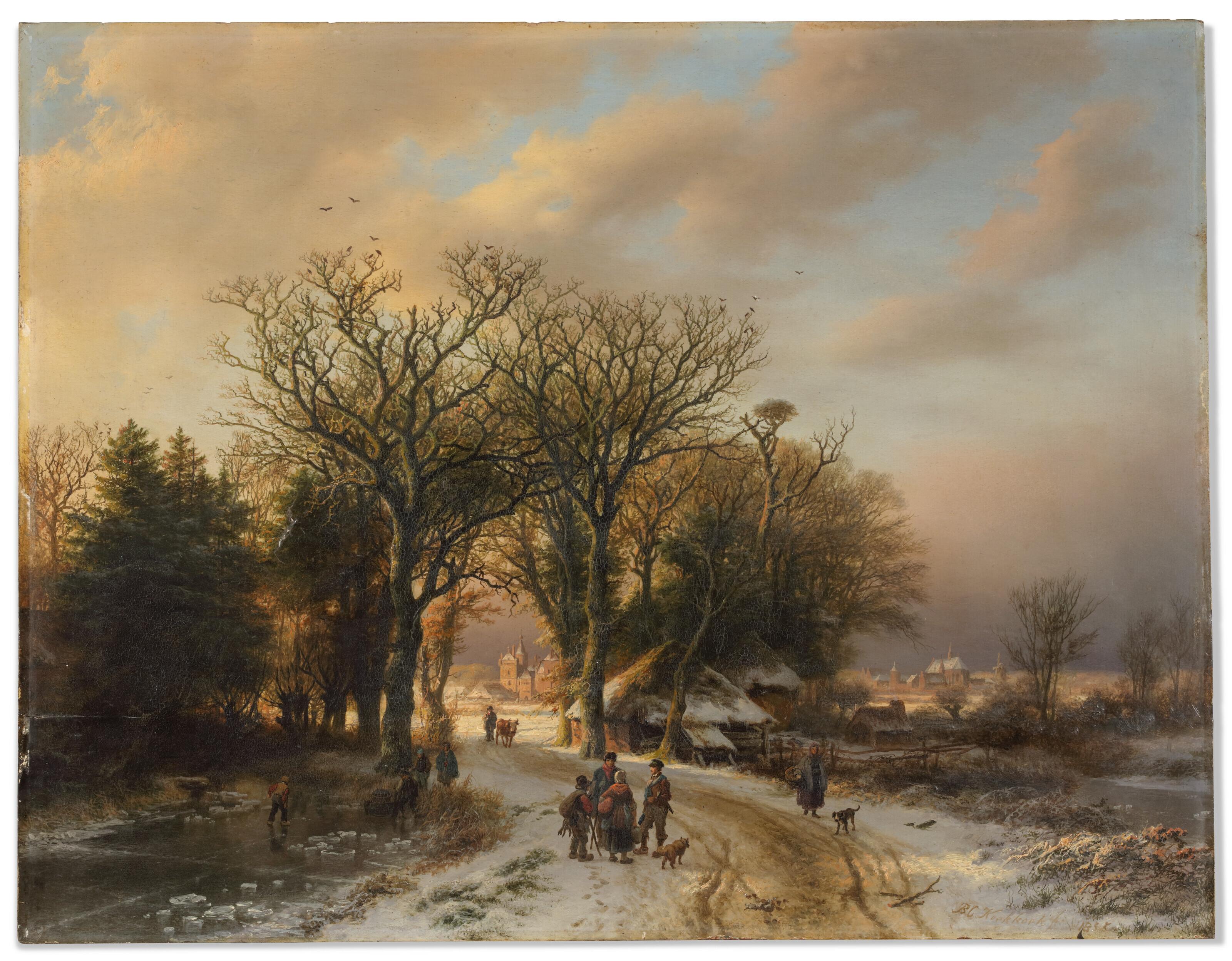 A winter landscape at dusk with villagers on a path, a village beyond ...