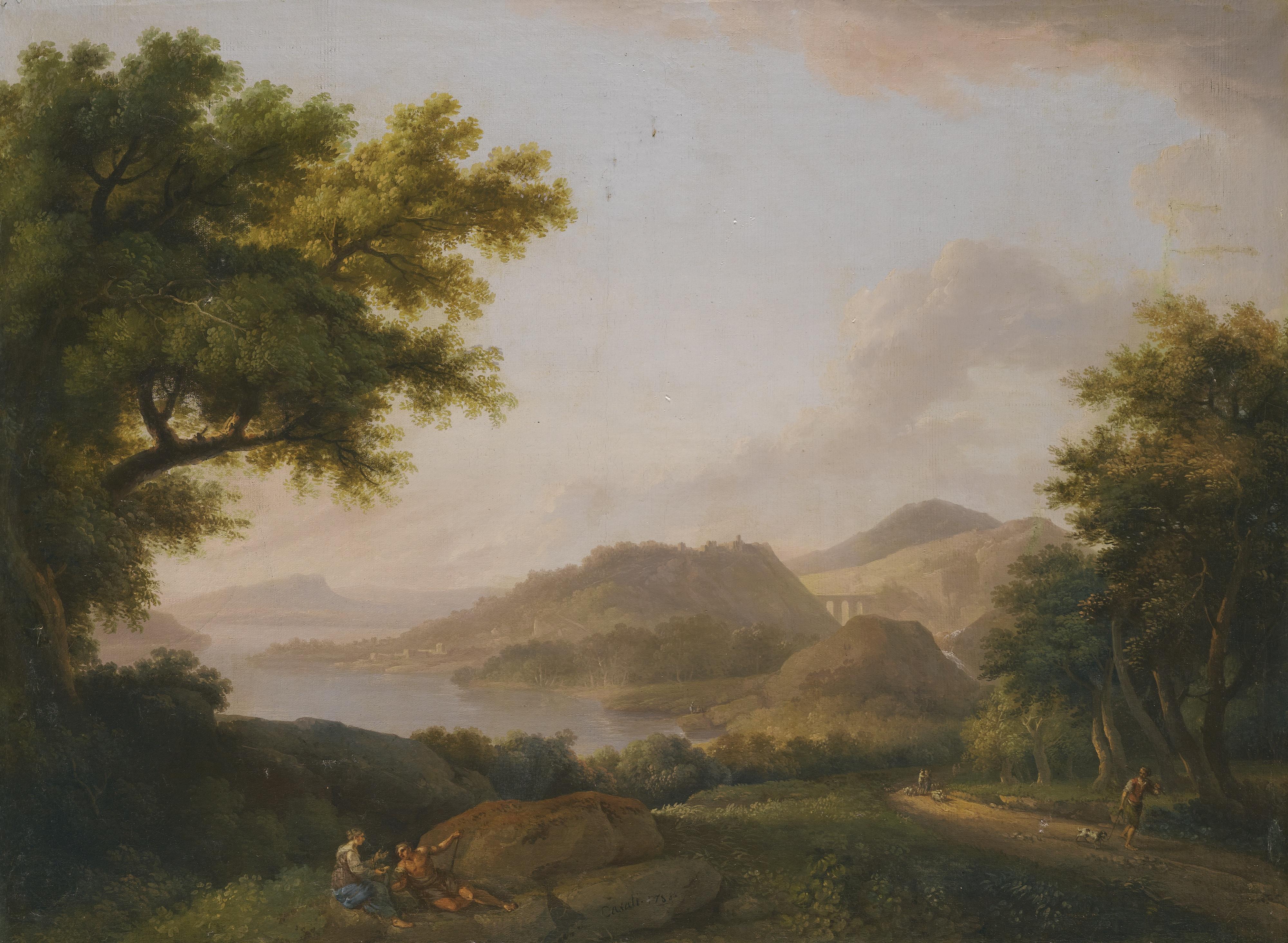 An Extensive Pastoral River Landscape With A Man Walking His Dog Along ...