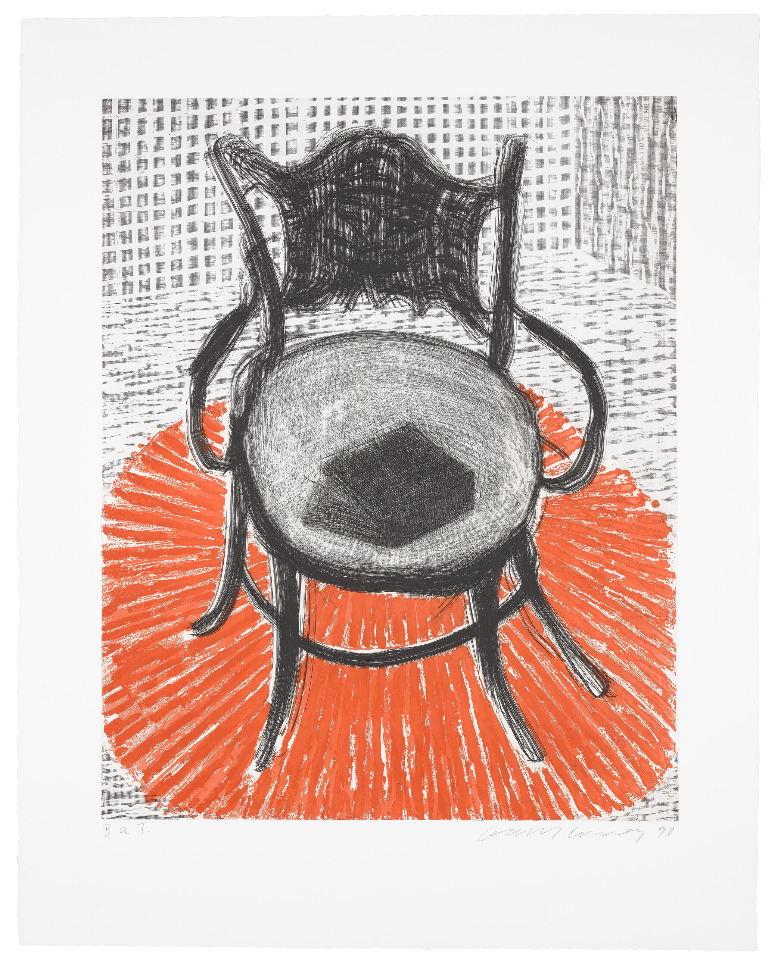 Chair With Book On Red Carpet by David Hockney | Art.Salon