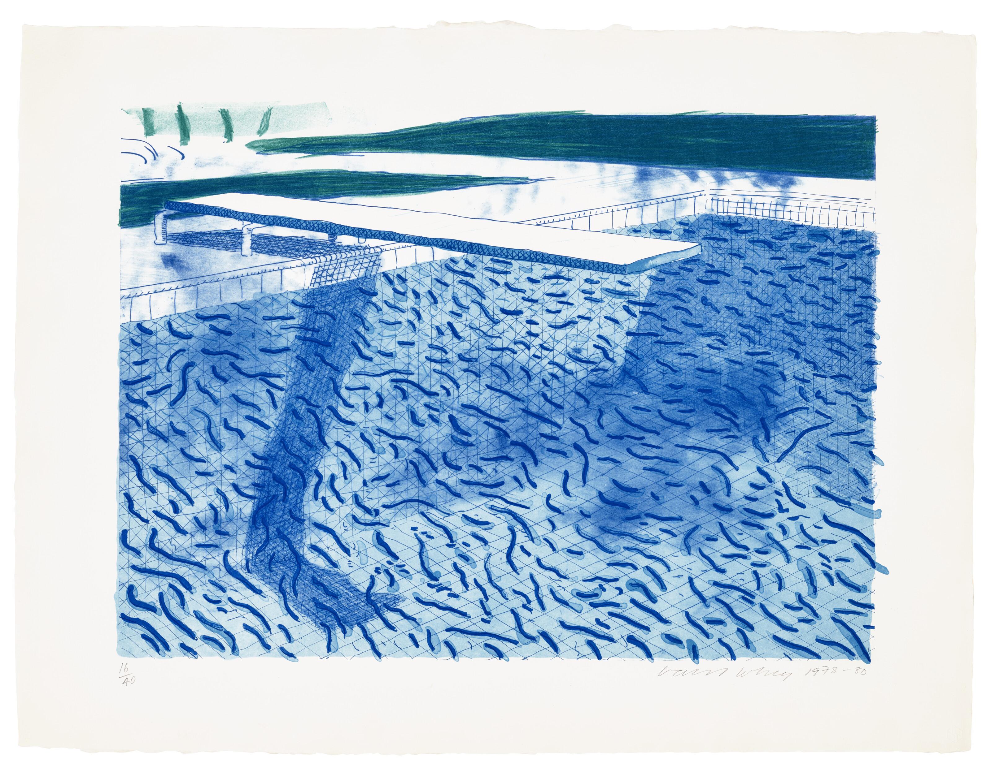 Lithograph of Water Made of Thick and Thin Lines and Two Light Blue ...