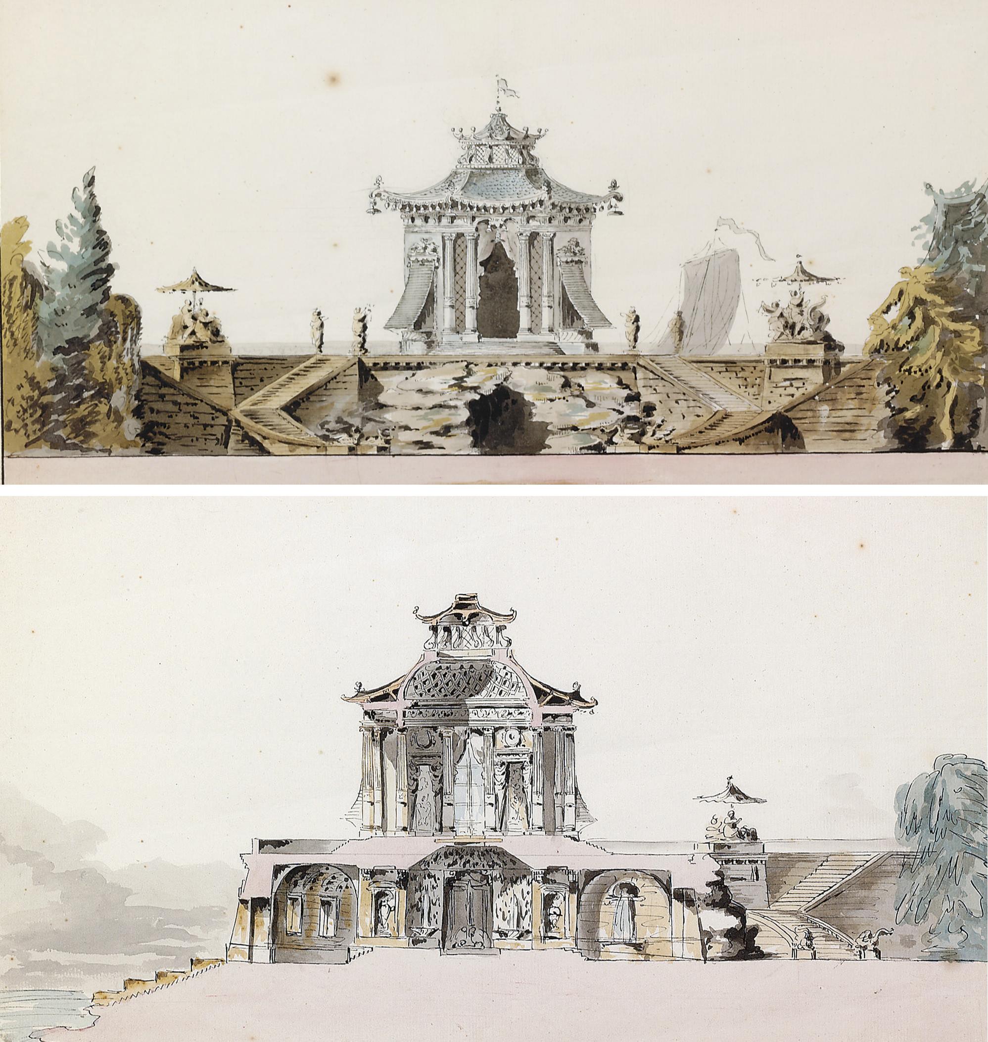 Design for a Chinese pavilion by a river; and Cross-section of the same ...