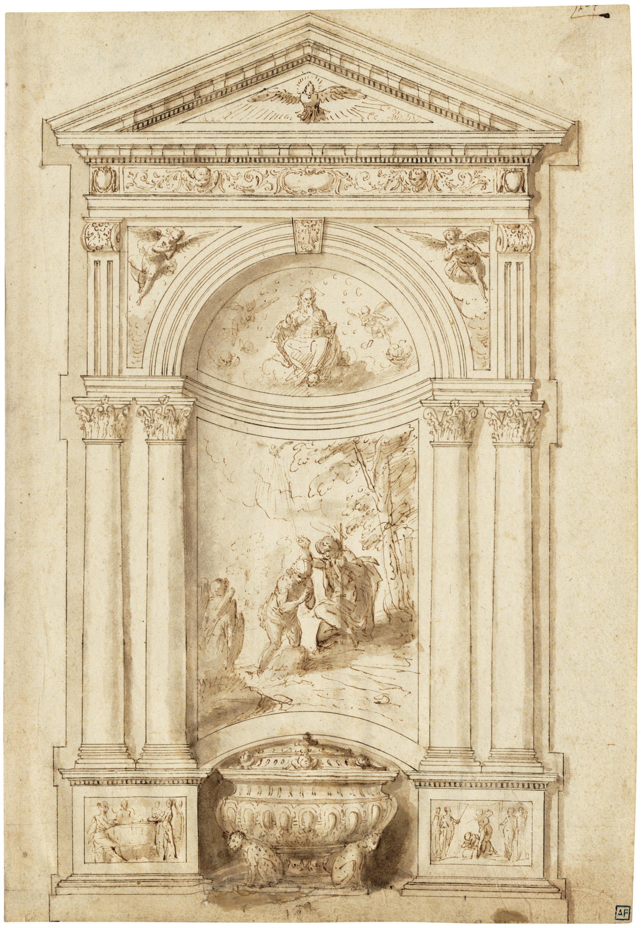 Design for an altarpiece showing the Baptism of Christ, God the Father ...
