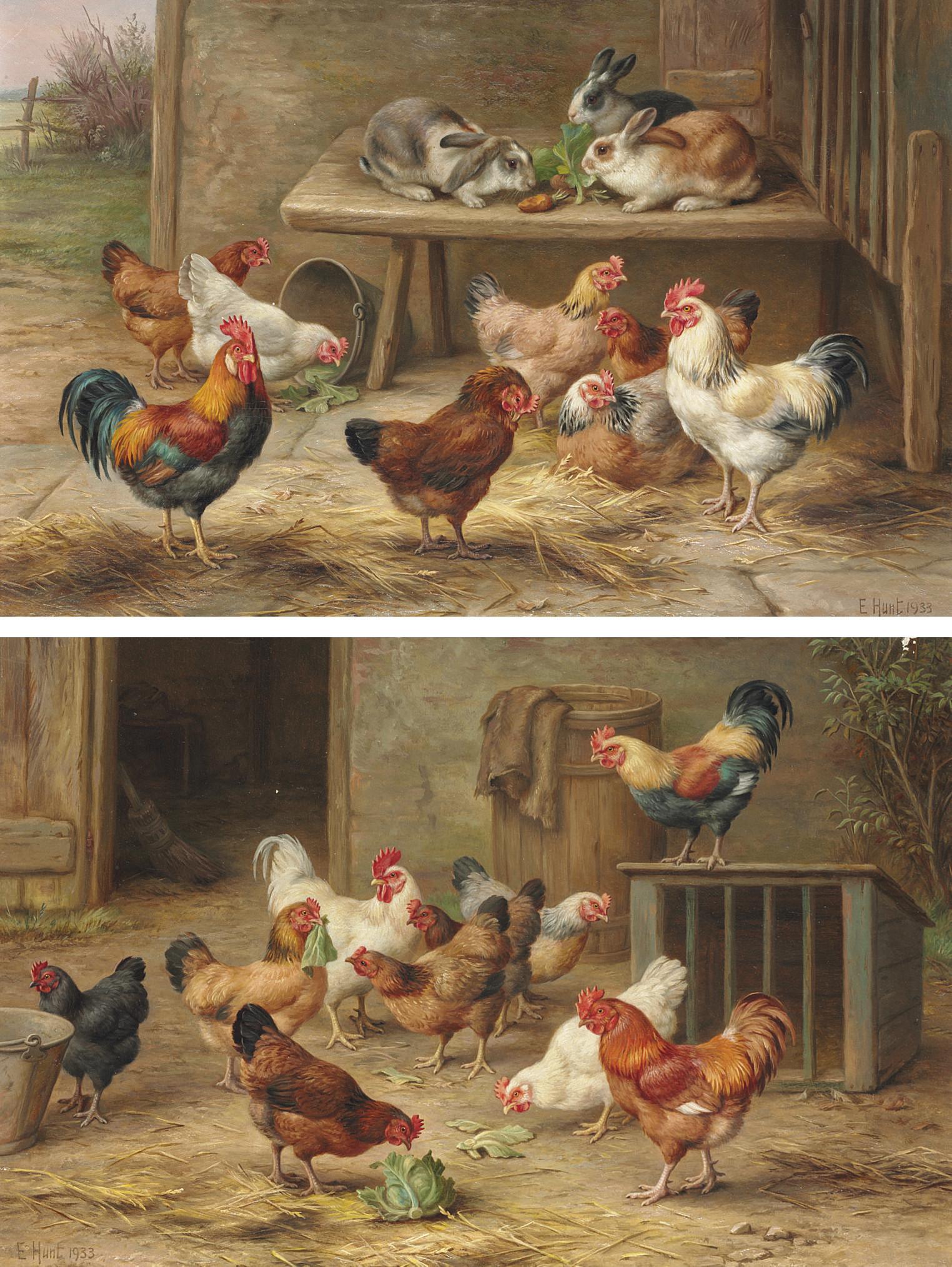 Chickens and rabbits; and Cock of the roost by Edgar Hunt | Art.Salon