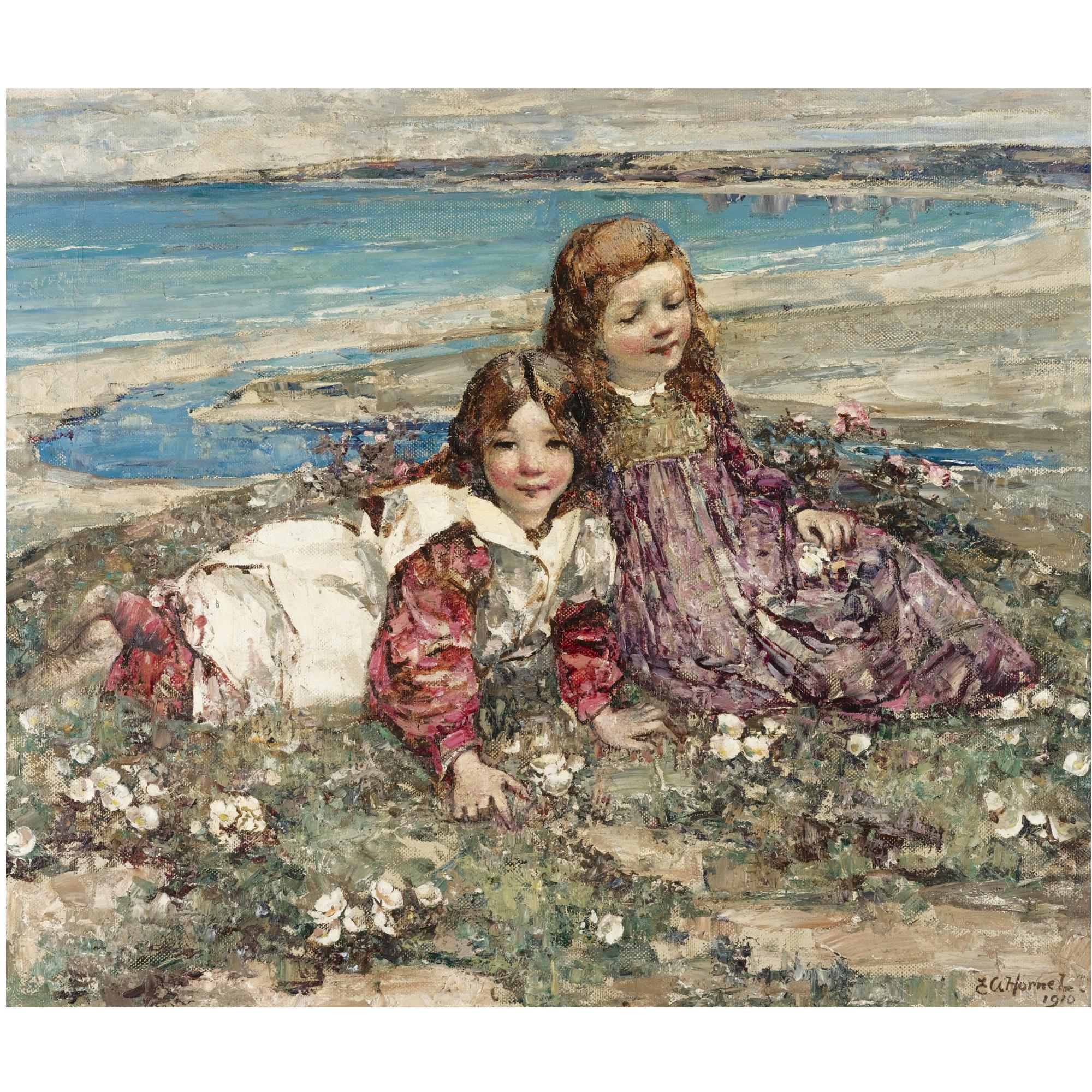 Two Young Girls On A Clifftop by Edward Atkinson Hornel | Art.Salon