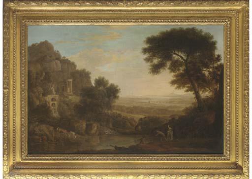 Figures fishing beside a pool in an extensive classical landscape, with ...