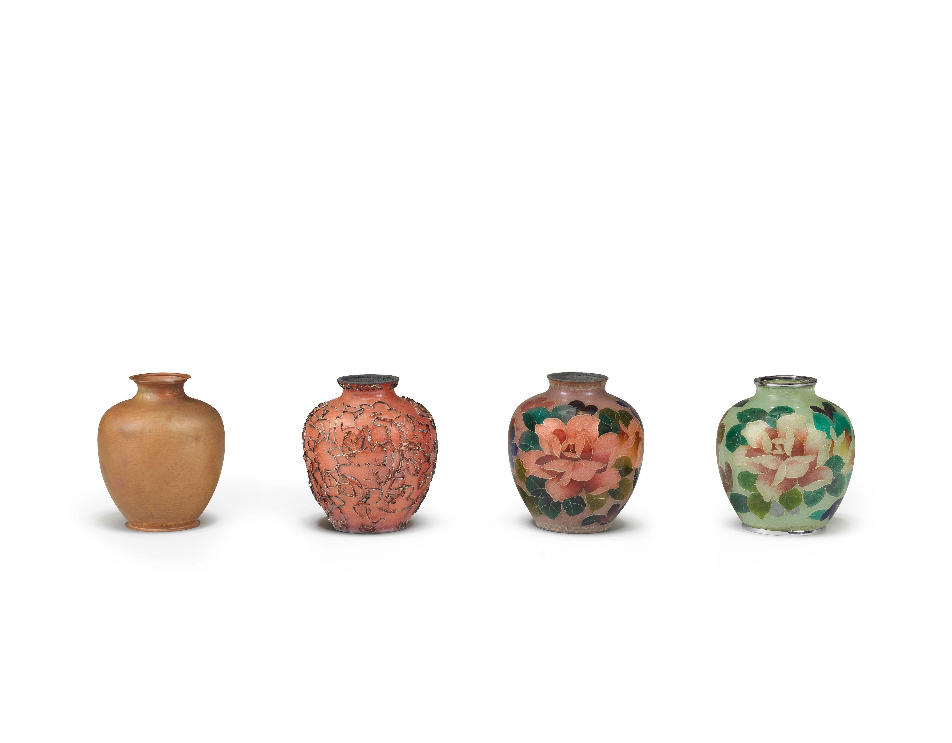 Four demonstration vases showing some of the stages of the cloisonné ...