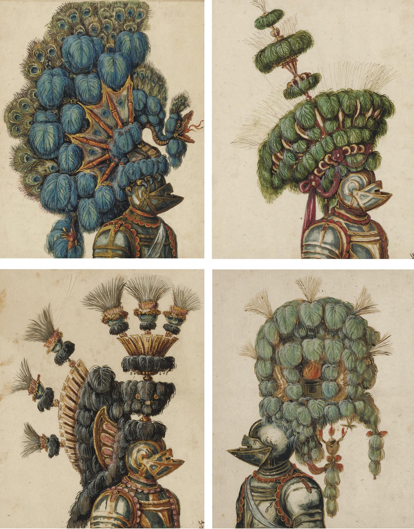 Four designs for elaborately plumed helmets | Art.Salon