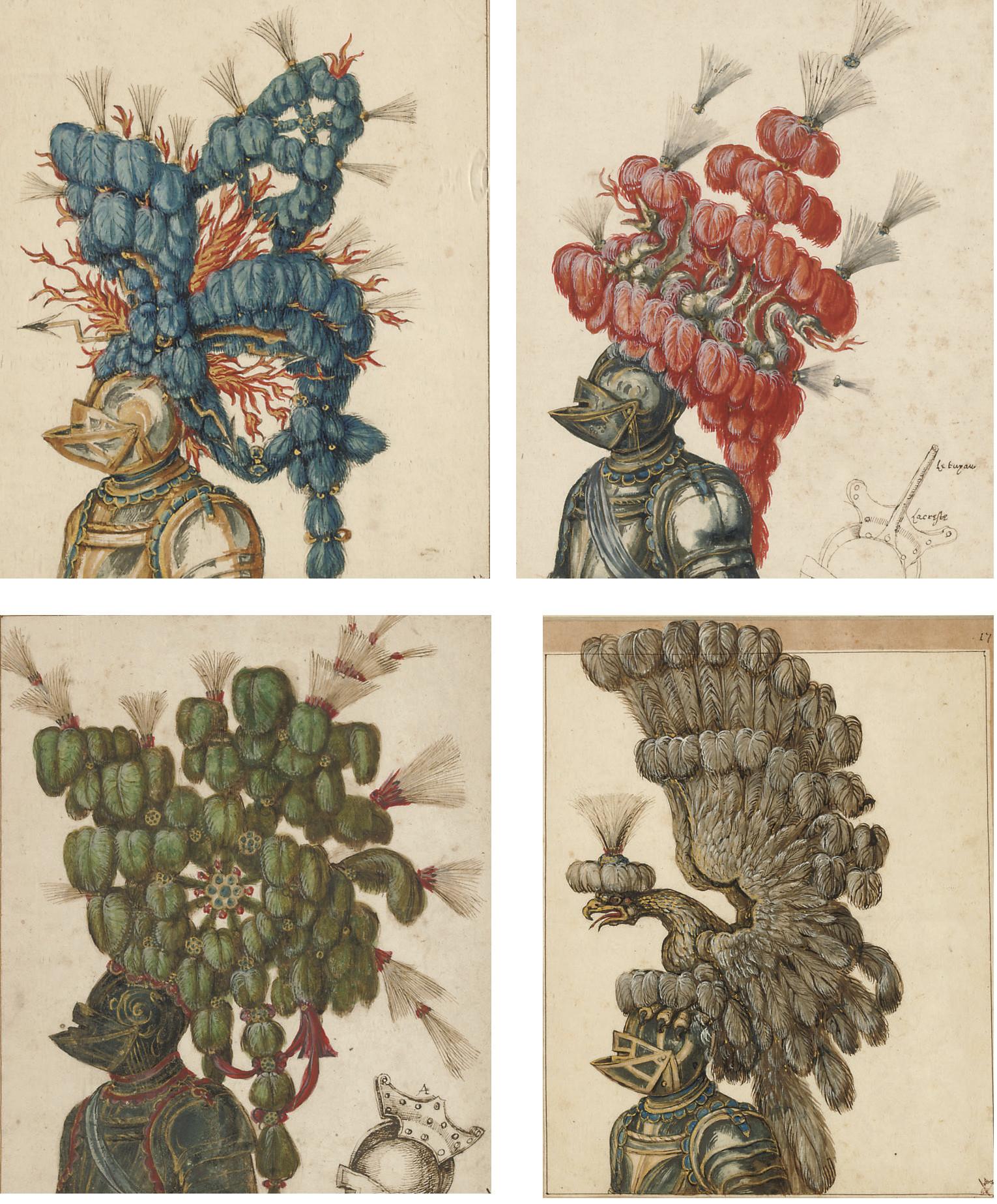 Four designs for elaborately plumed helmets | Art.Salon