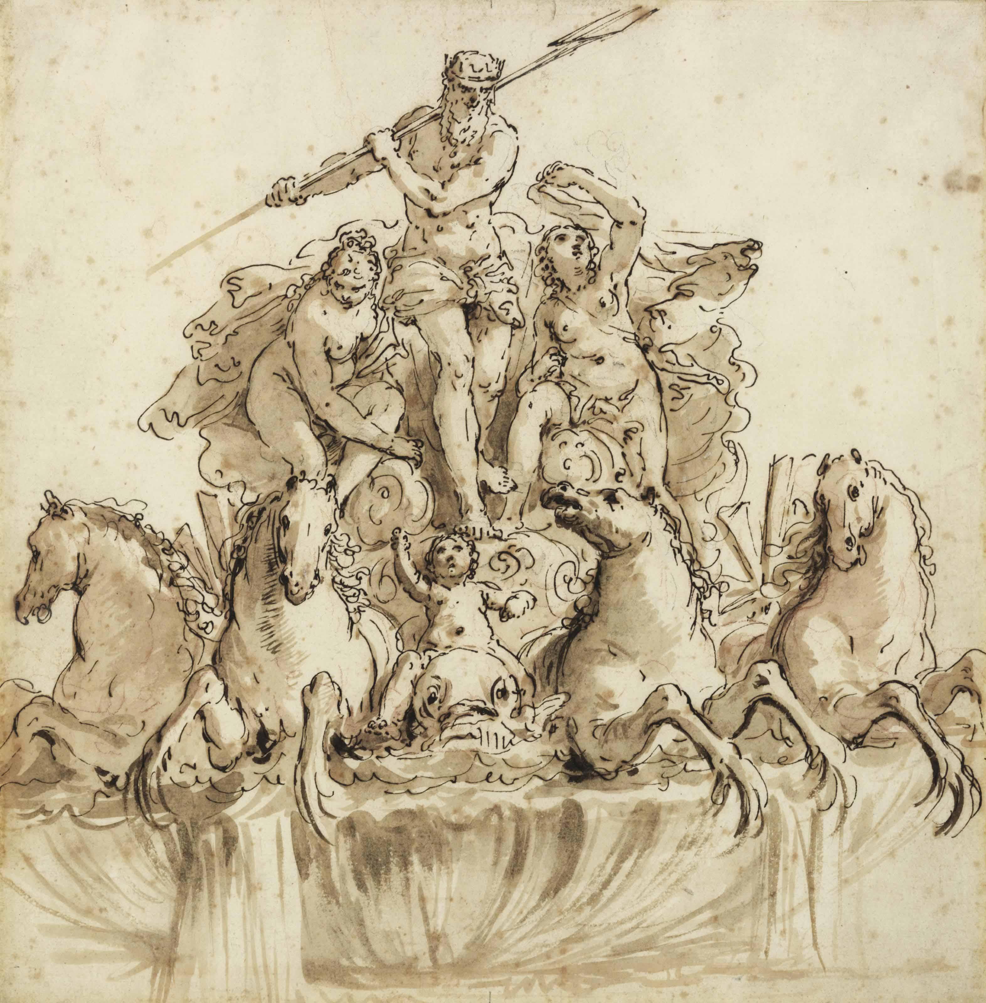 Design For A Fountain Of Neptune In His Chariot Drawn By Four ...