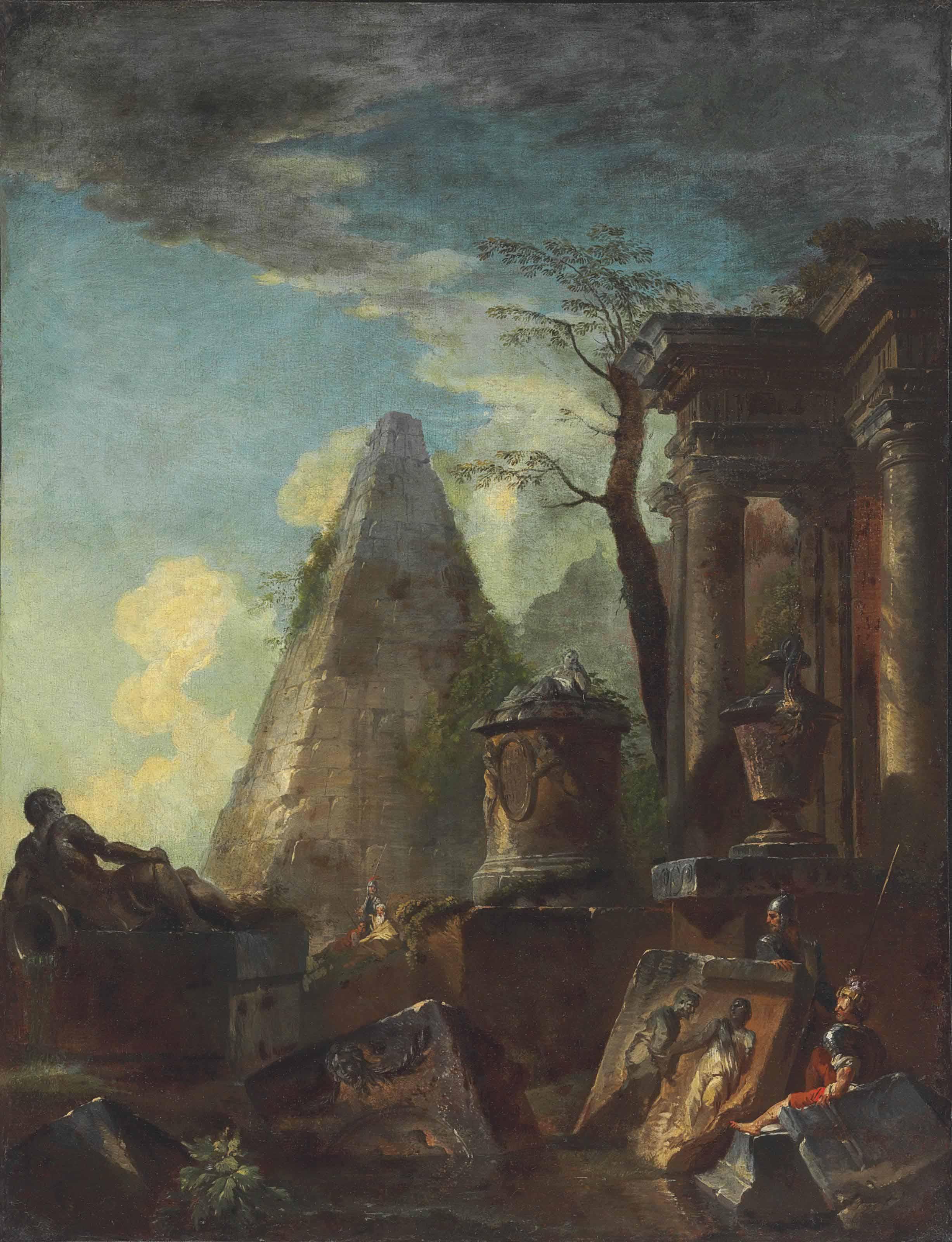 A capriccio of classical ruins with the Pyramid of Cestius beyond by Giovanni Paolo Panini | Art ...