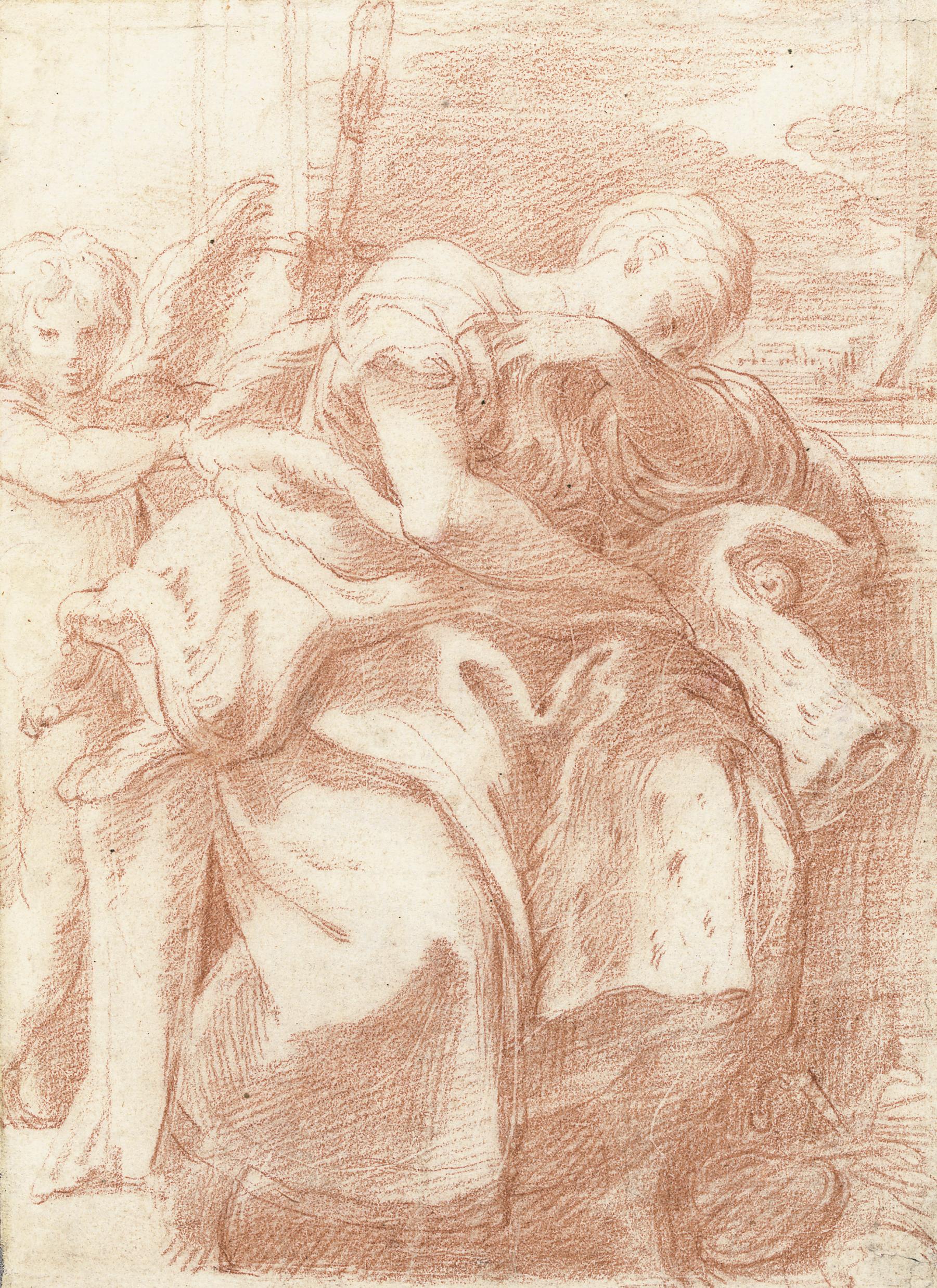 A sleeping female figure, a winged putto beside her with a sword ...