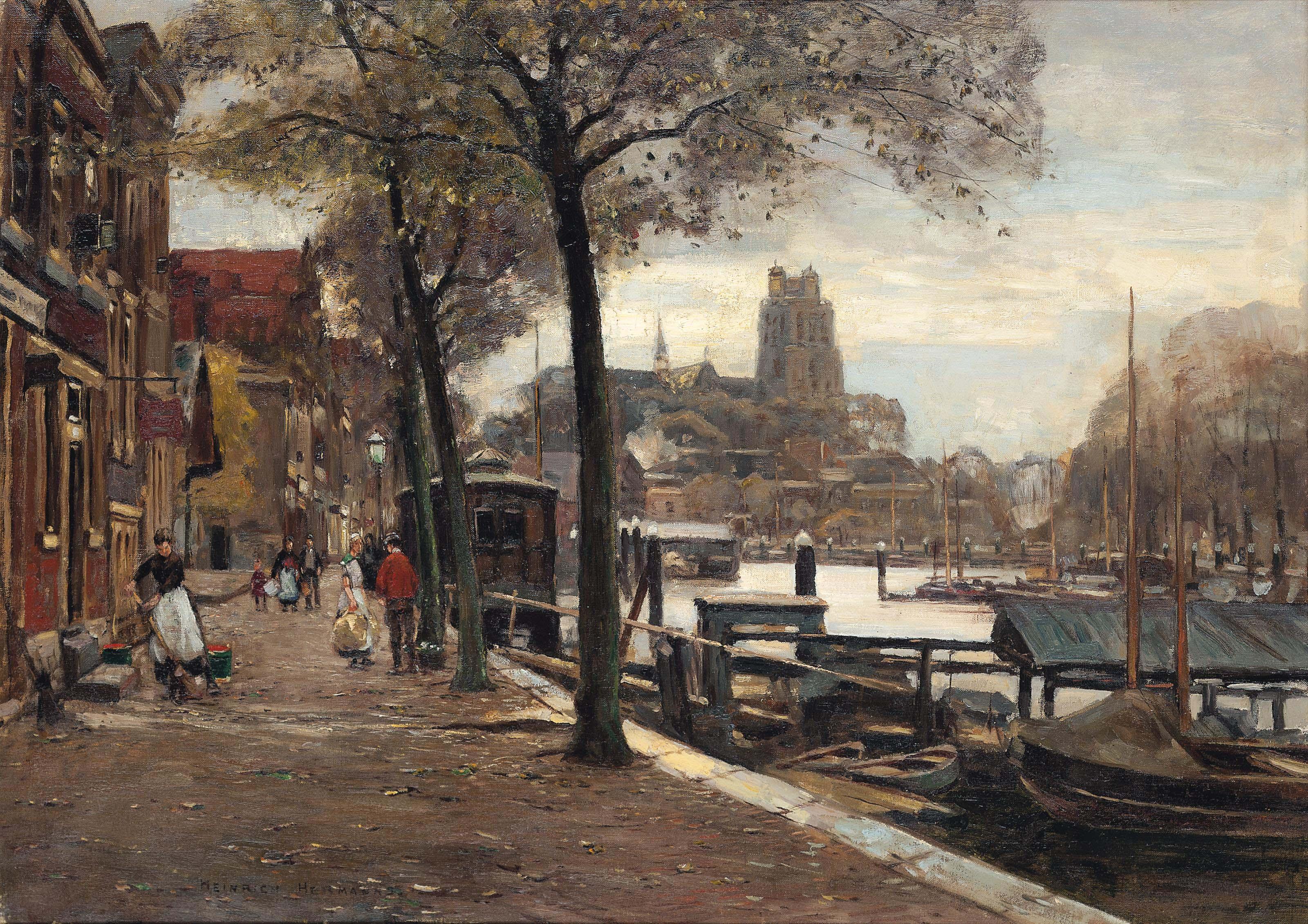 Figures On The Quay, Dordrecht by Heinrich Hermanns | Art.Salon