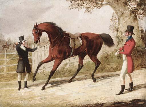 A huntsman and his groom with a saddled bay hunter, the meet beyond by ...