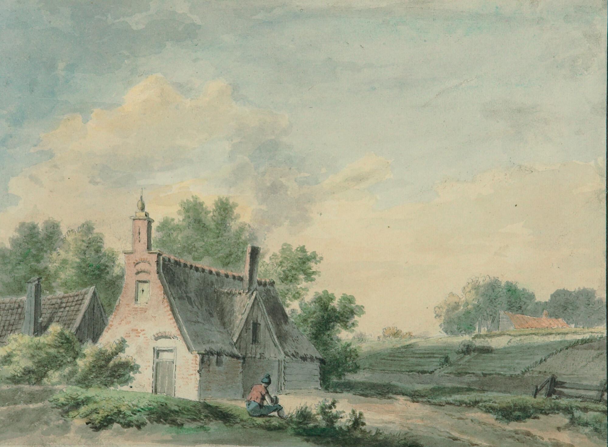 Baumbestandene Landschaft mit Gehöft und Staffage. by J. Fraissinet ...
