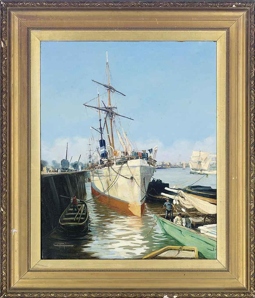 Boats in a harbour by Jacques-Marie Omer Camoreyt | Art.Salon
