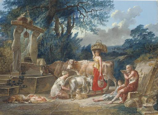 A peasant family and their animals by a well in a classical landscape ...