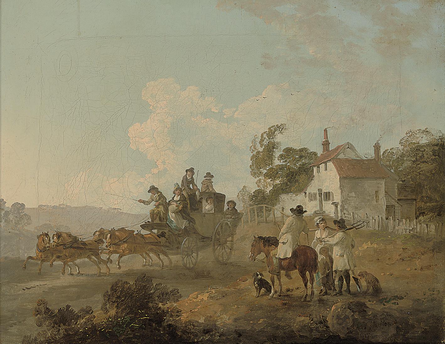 A Landscape With Travellers In A Horse-Drawn Carriage, And Figures ...