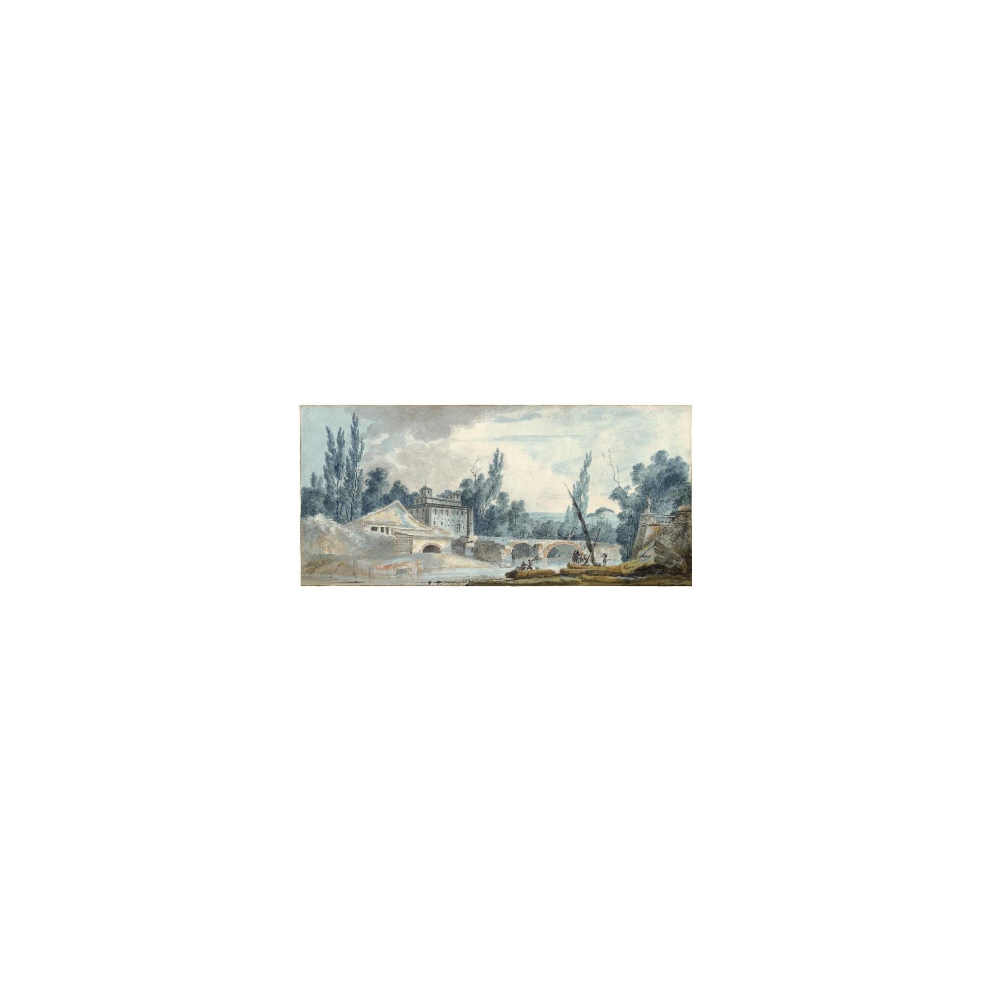 A Landscape With A Castle By A Bridge And Figures And Fishermen By A ...