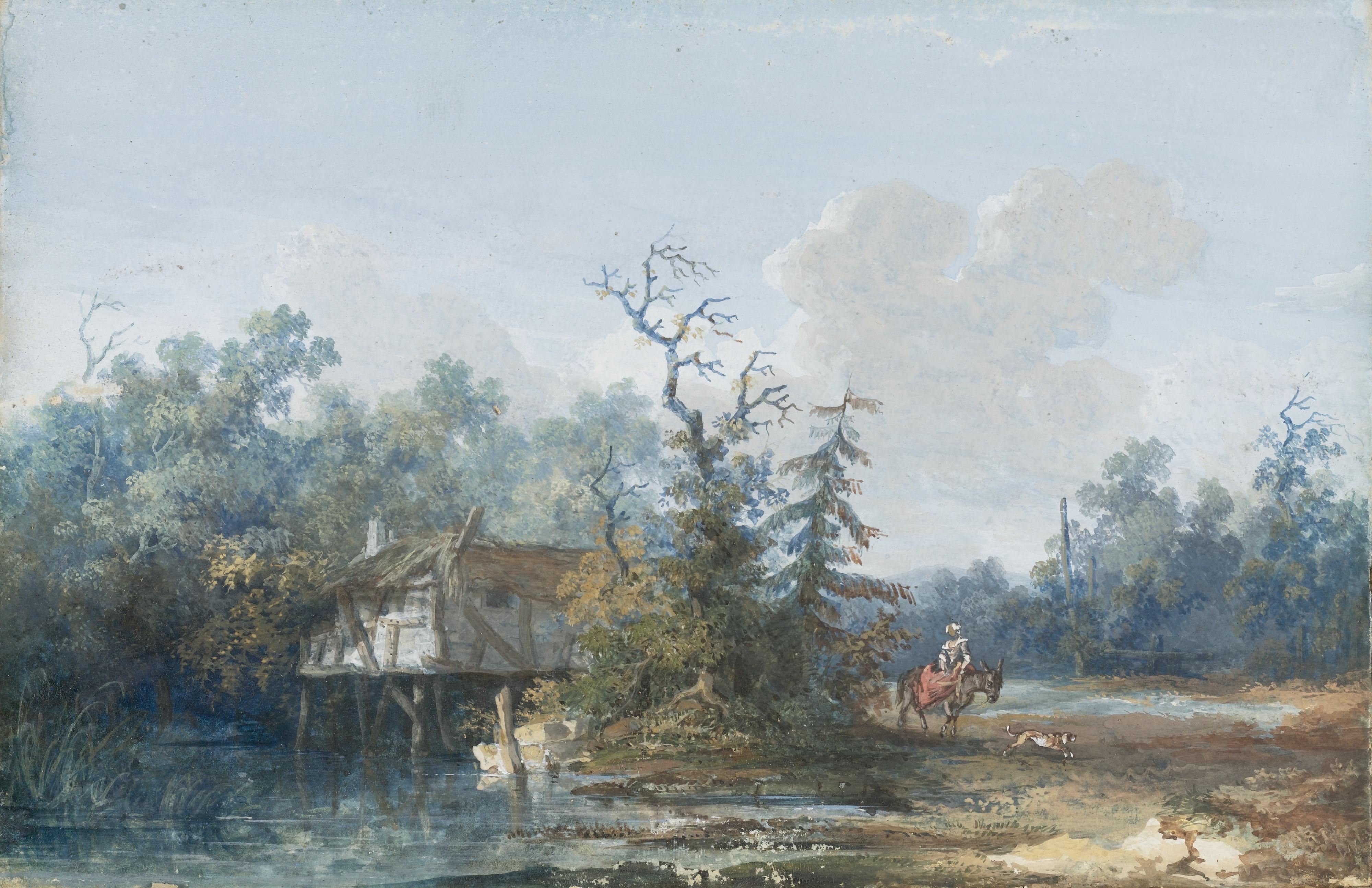 A) Landscape With A Cottage By A Stream And A Woman On A Donkey; B ...