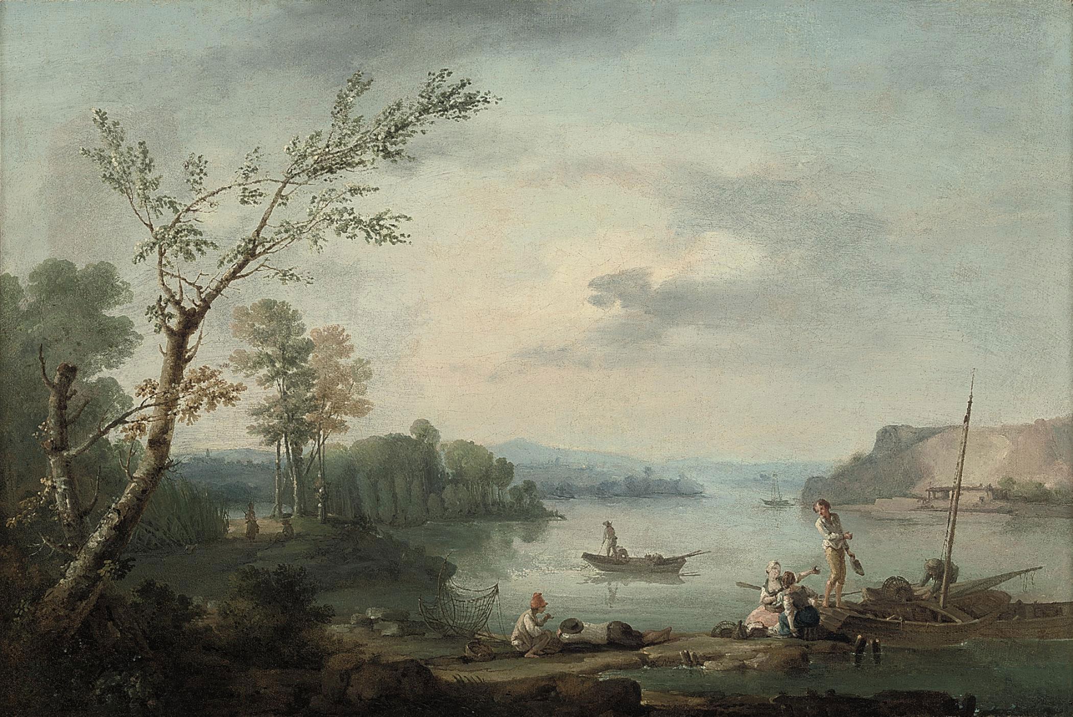 A wooded river landscape with fisherfolk by Louis-Gabriel Moreau | Art ...