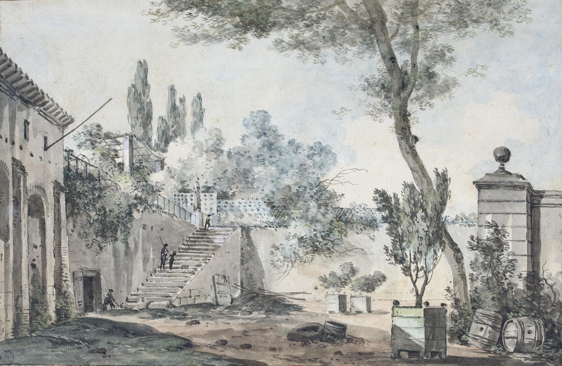 Figures in a courtyard by Louis-Gabriel Moreau | Art.Salon