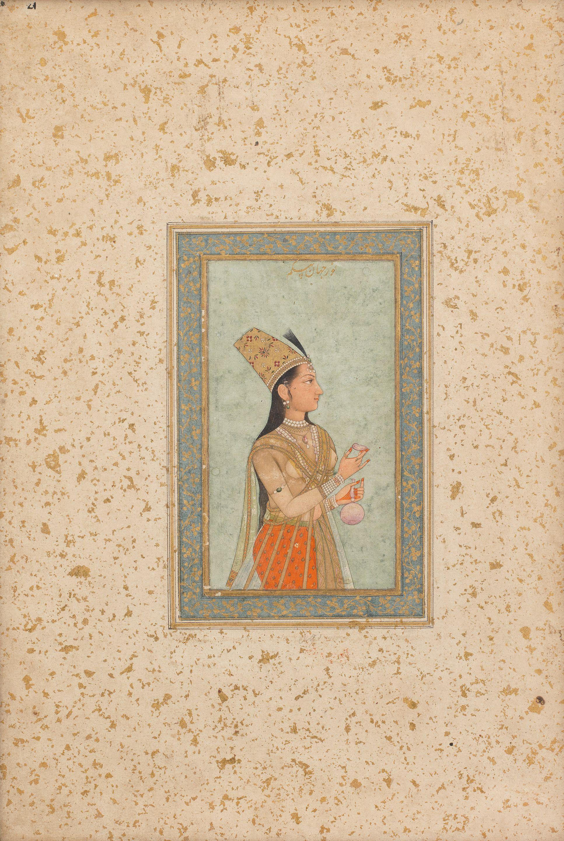 Nur Jahan Begum, wife of the Mughal Emperor Jahangir, holding a bottle ...