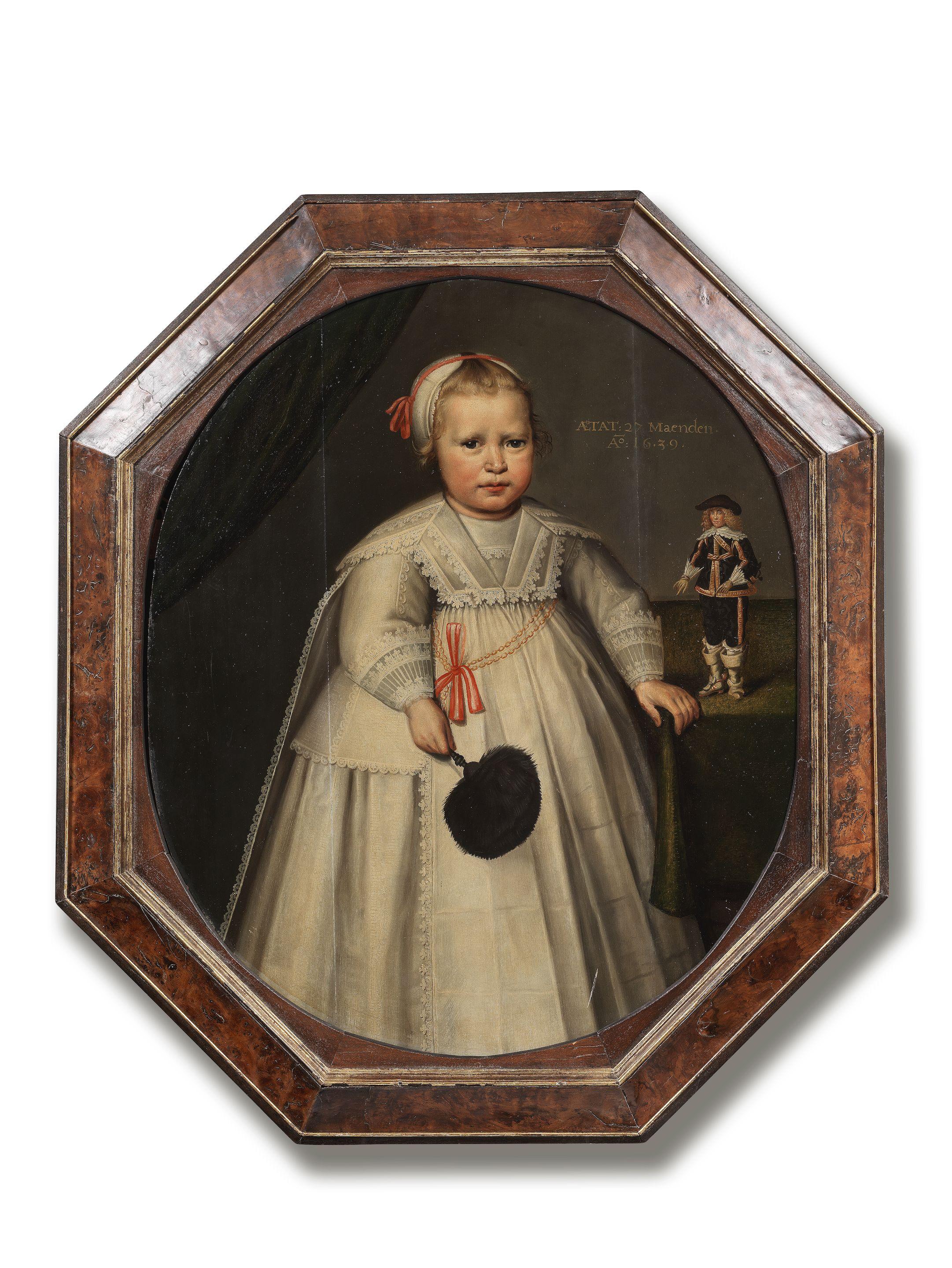 Portrait of a child, full-length, in white costume, with a male ...
