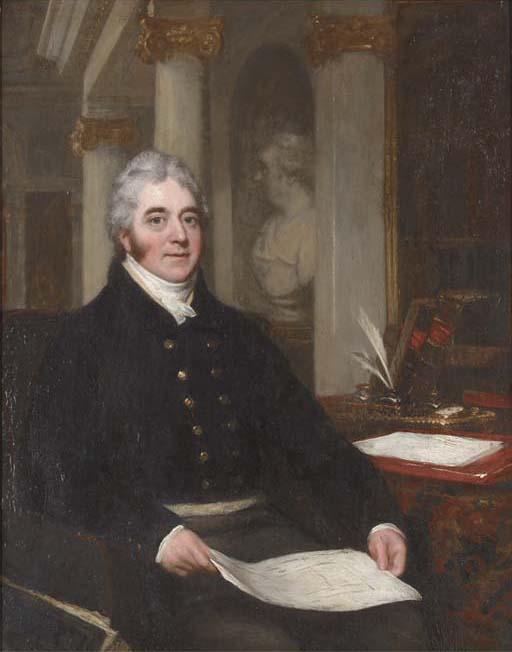 Portrait of a gentleman, small seated three-quarter-length, holding ...