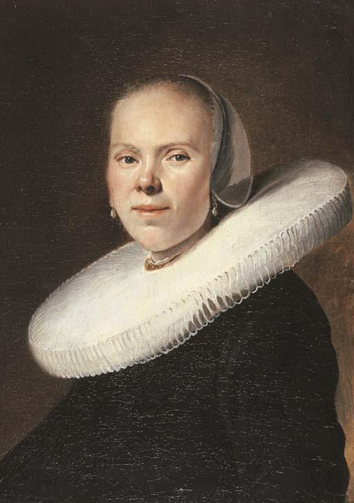 Portrait of a lady, bust-length, in a white ruff collar and black dress ...