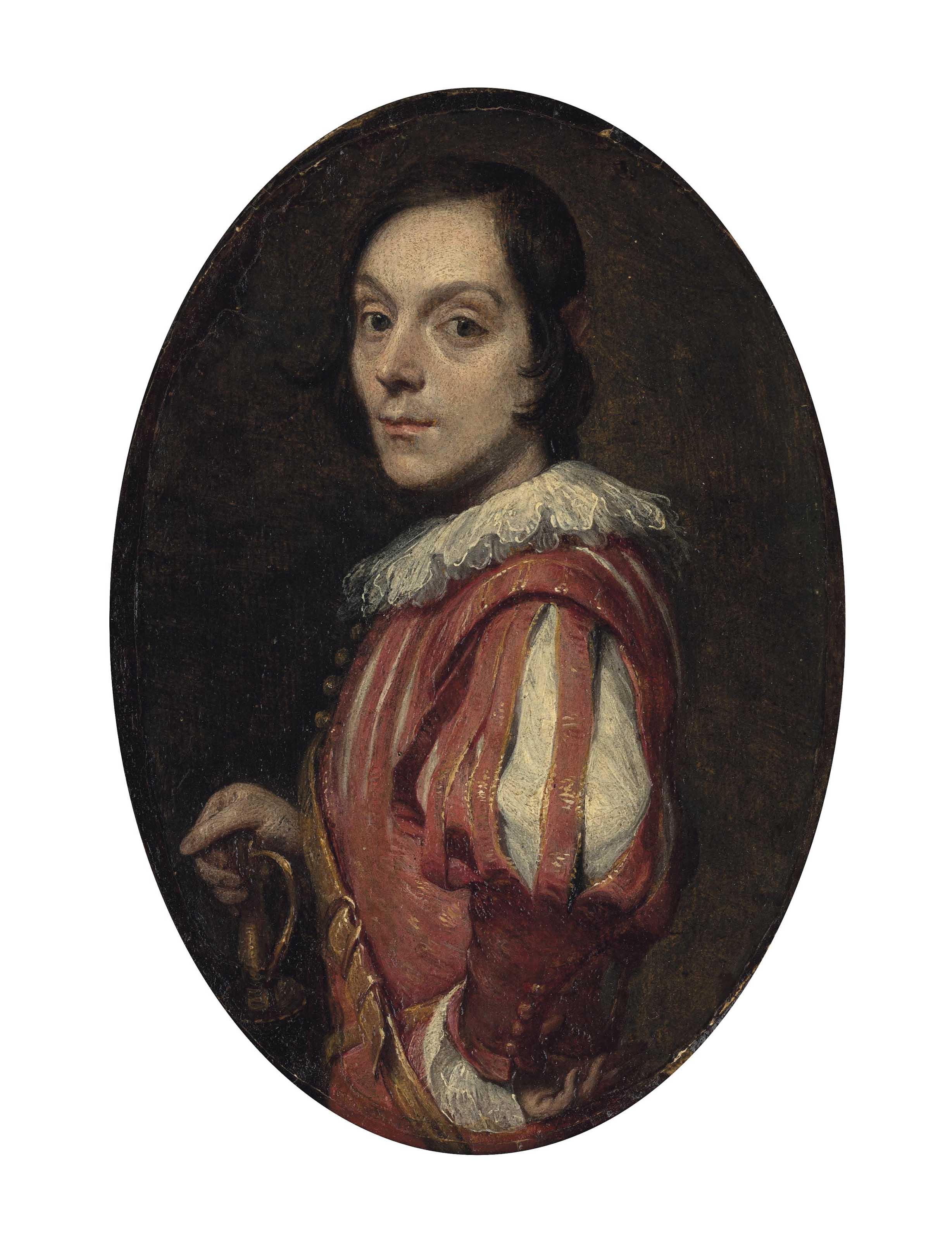 Portrait of a man, half-length, in a red slashed doublet and a white ...